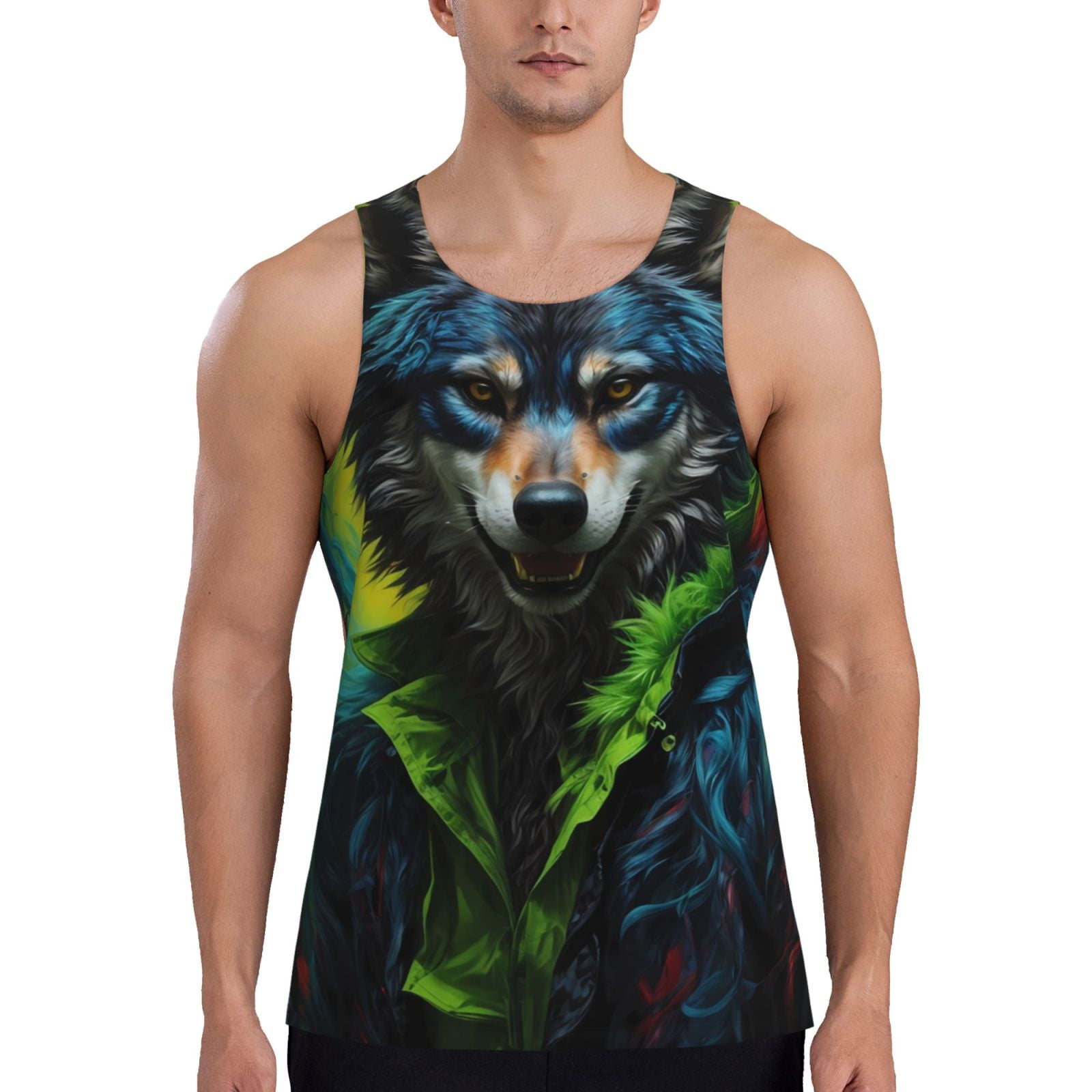 Balery Realistic Style Wolf Warrior Pattern Men's Workout Tank Top Gym ...