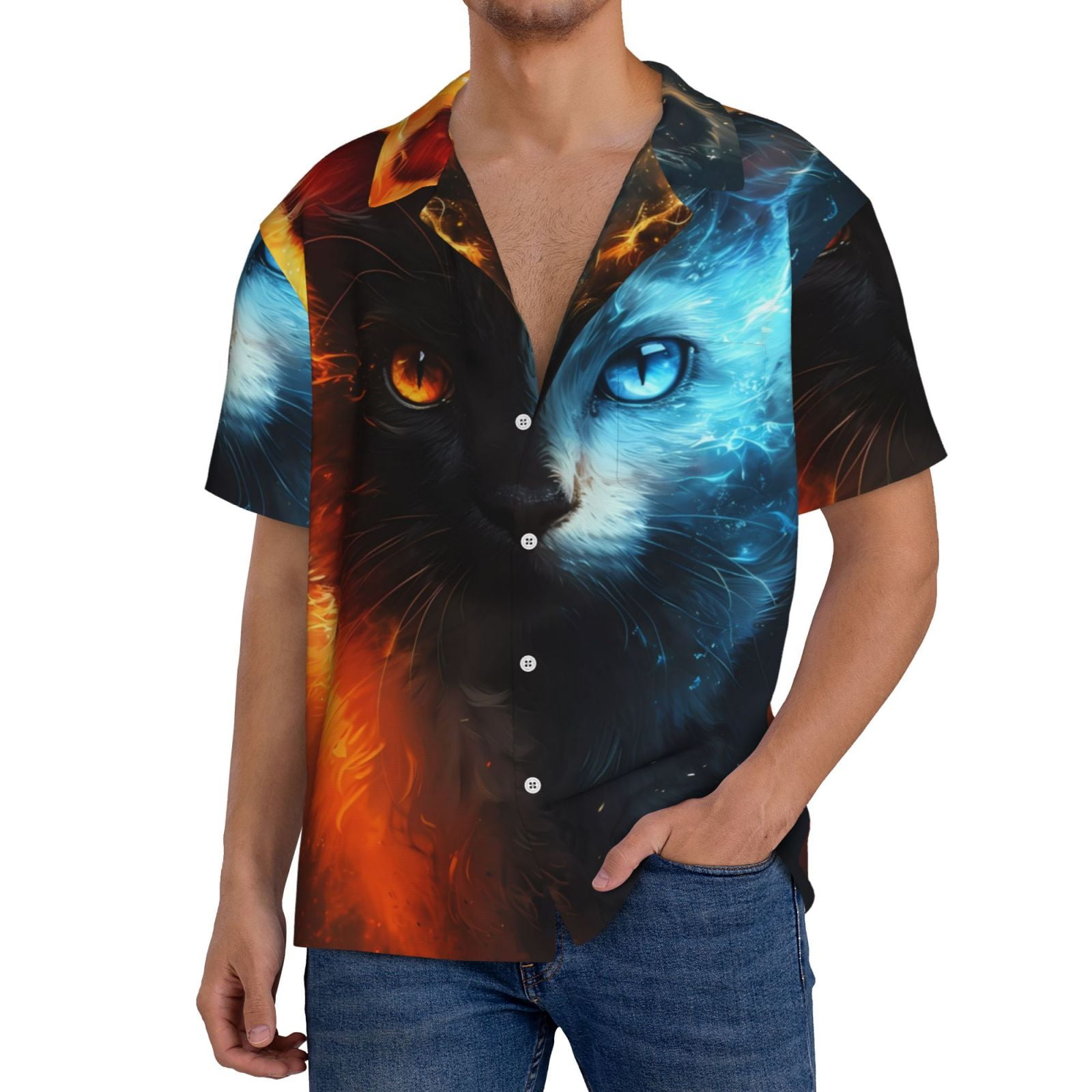 Balery Red And Blue Fire Cat Men's Casual Button Down Shirt Short ...