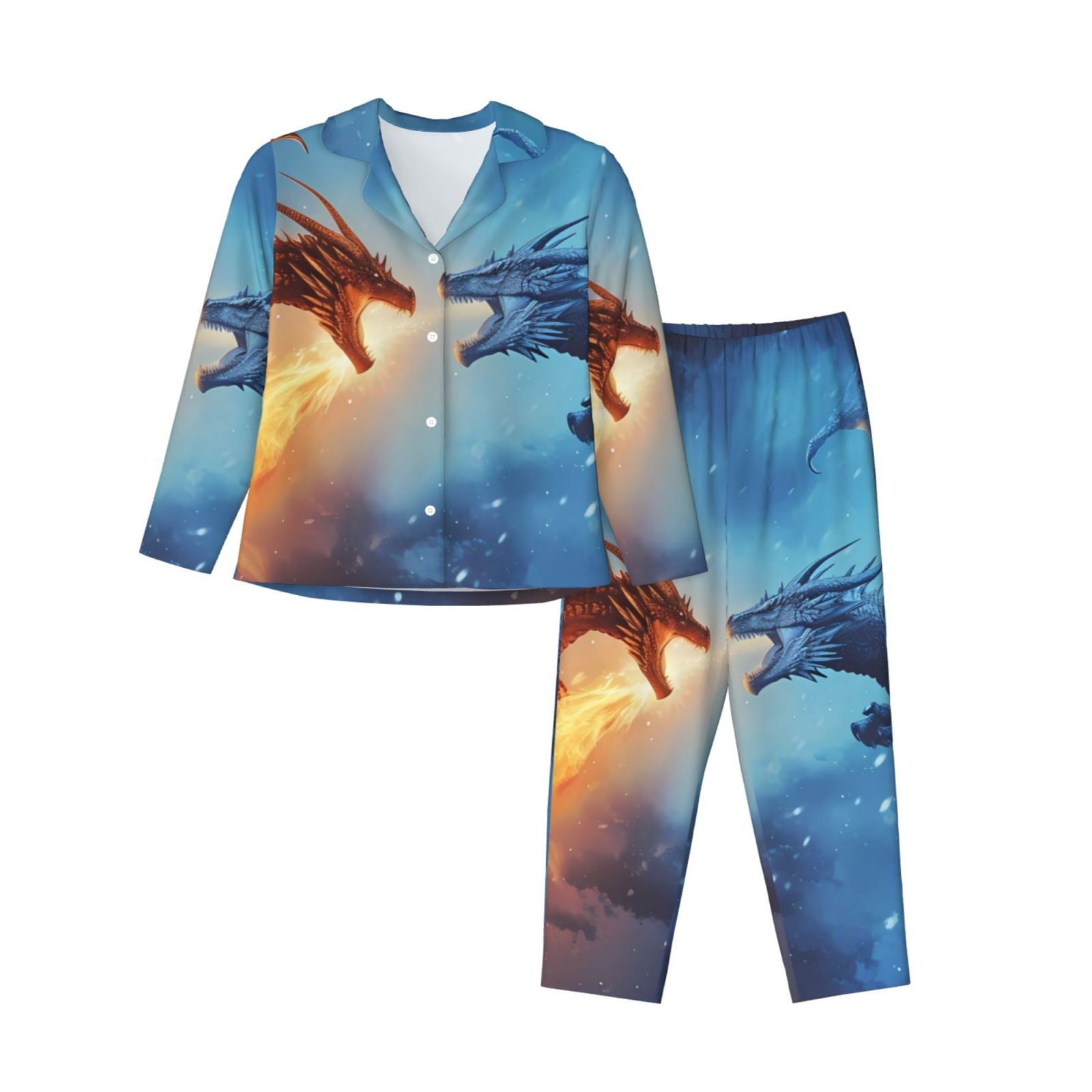 Balery Red And Blue Fire Dragon A Pattern Pajama Sets for Women Long ...