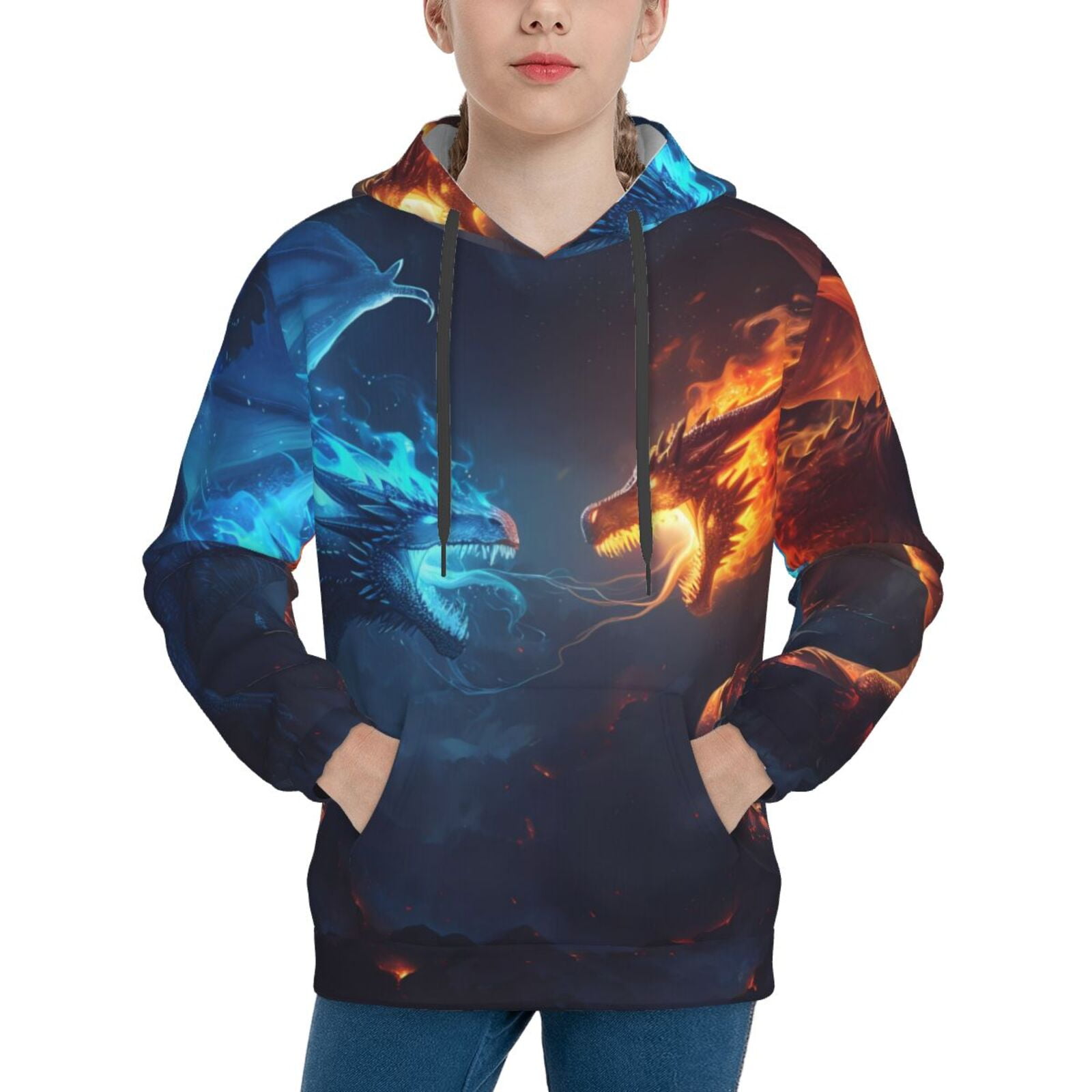 Balery Red And Blue Fire Dragon C Pattern Boys Hoodie, Youth Pullover ...