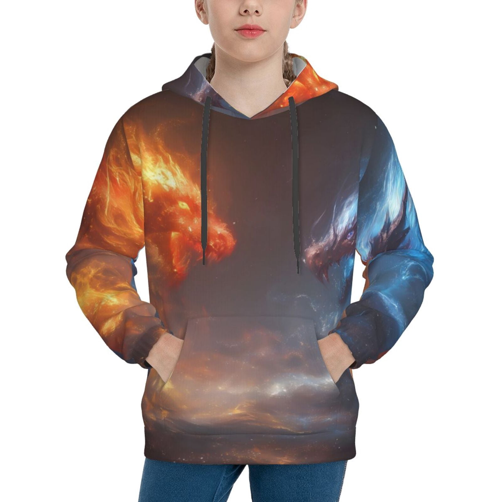 Balery Red And Blue Fire Dragon D Pattern Boys Hoodie, Youth Pullover ...