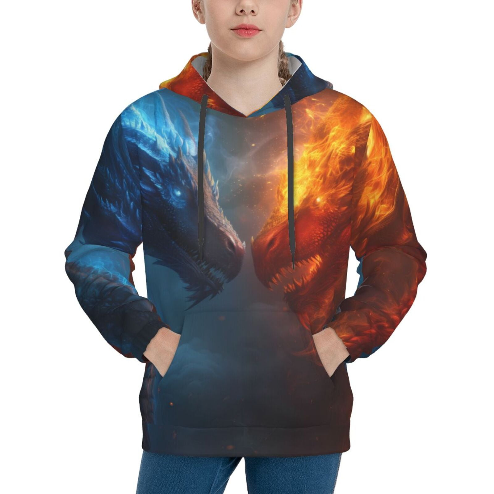 Balery Red And Blue Fire Dragon E Pattern Boys Hoodie, Youth Pullover ...