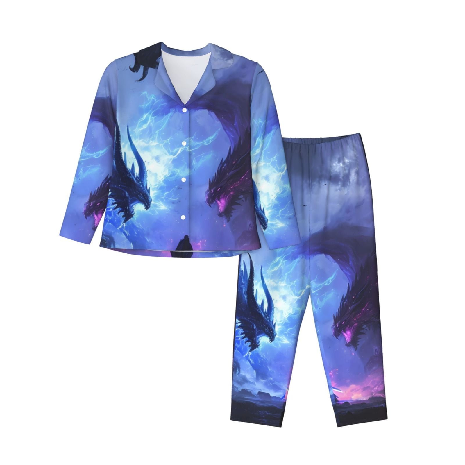 Balery Red And Blue Fire Dragon Pattern Pajama Sets for Women Long ...