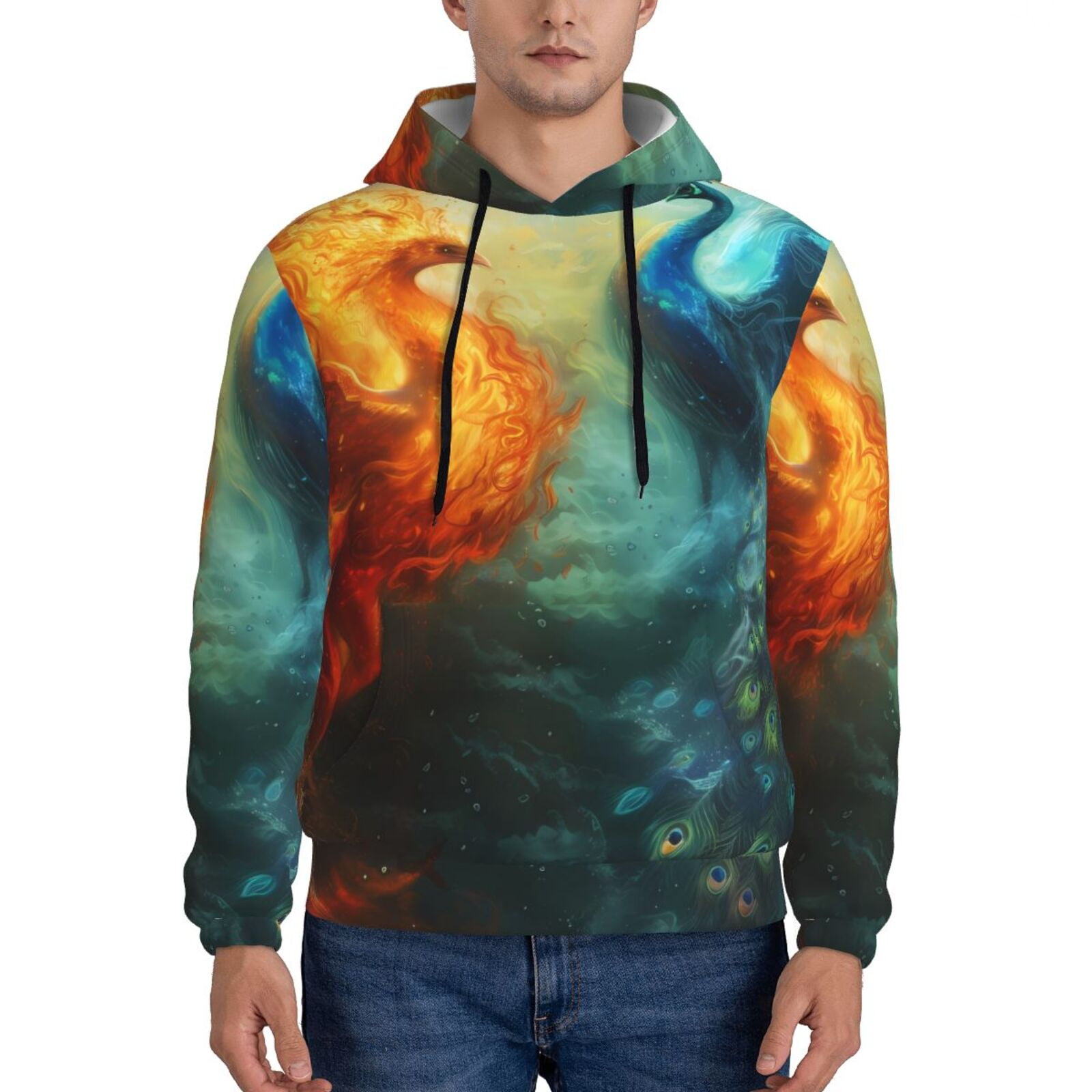 Balery Red And Blue Fire Peacock Pattern Mens Hoodie Kangaroo Pocket ...
