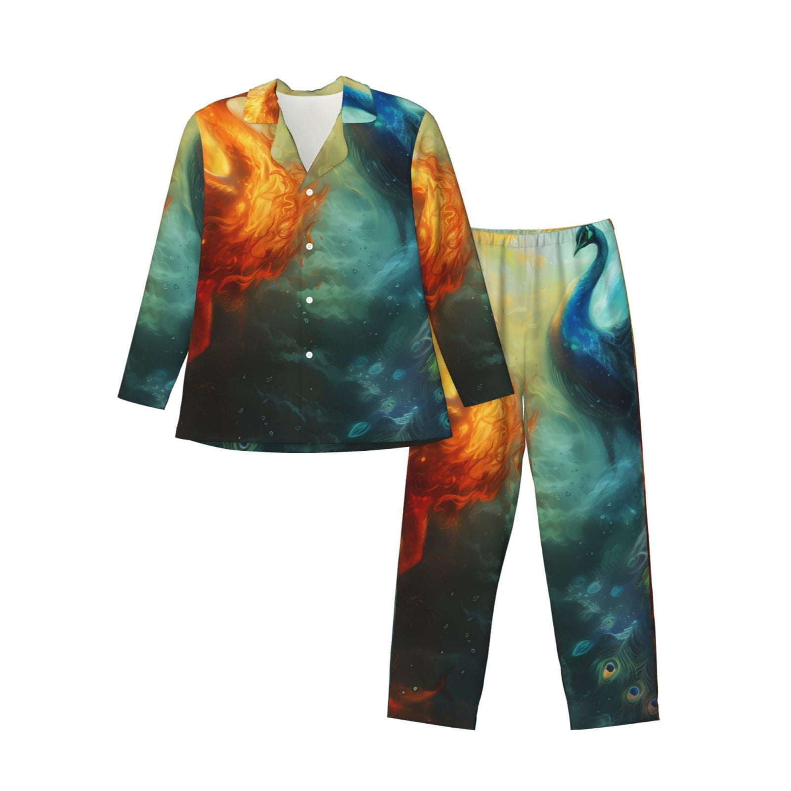 Balery Red And Blue Fire Peacock Pattern Pajama Sets for Men Long ...