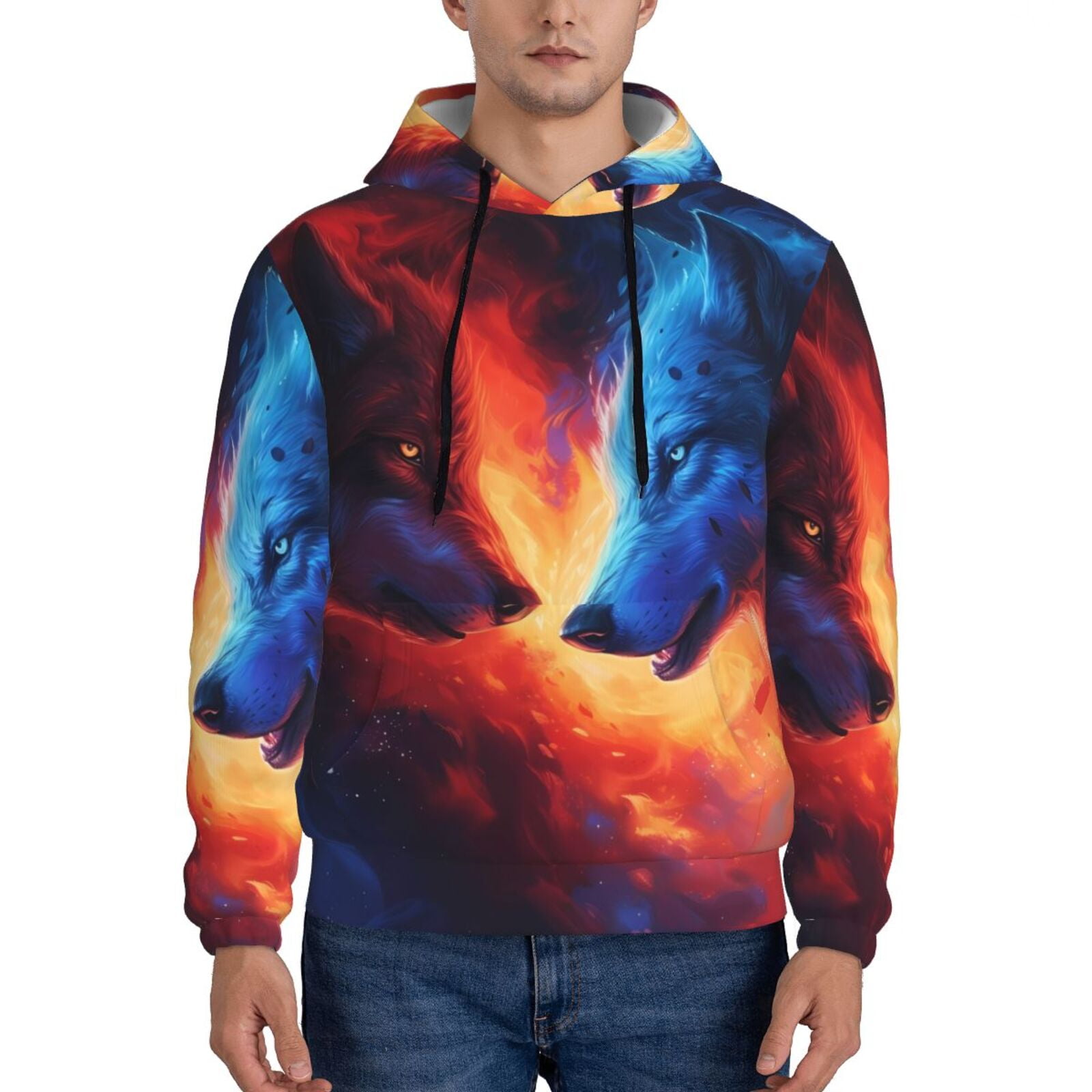 Balery Red And Blue Fire Wolf Pattern Mens Hoodie Kangaroo Pocket ...