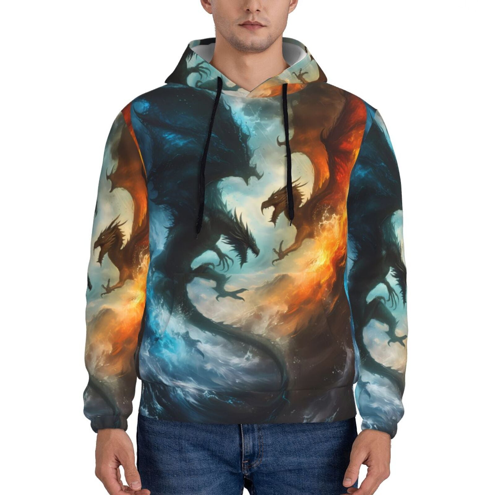 Balery Red And Blue Flame Wave Dragon Pattern Mens Hoodie Kangaroo ...