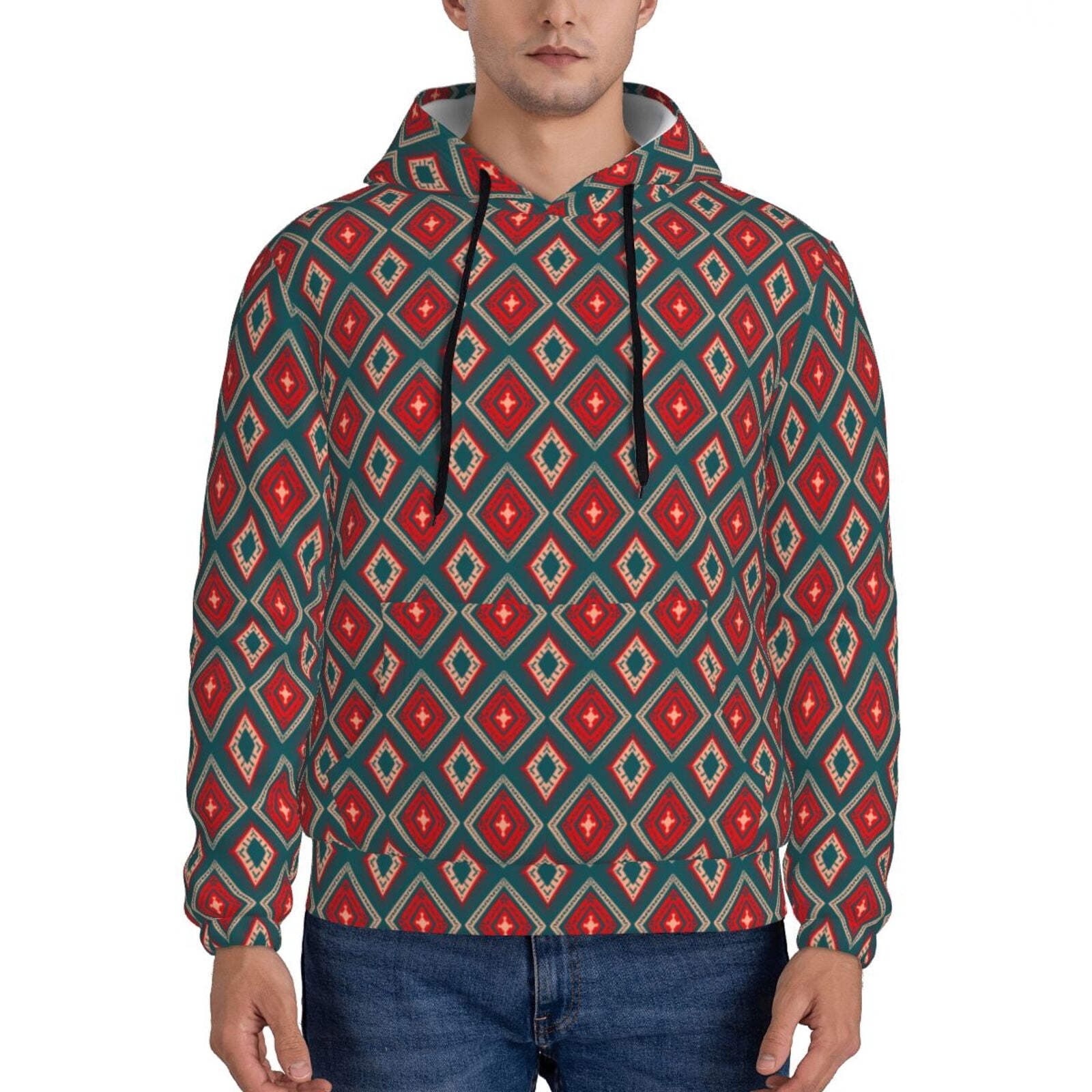Balery Red And Orange On Blue Teal Pattern Mens Hoodie Kangaroo Pocket ...