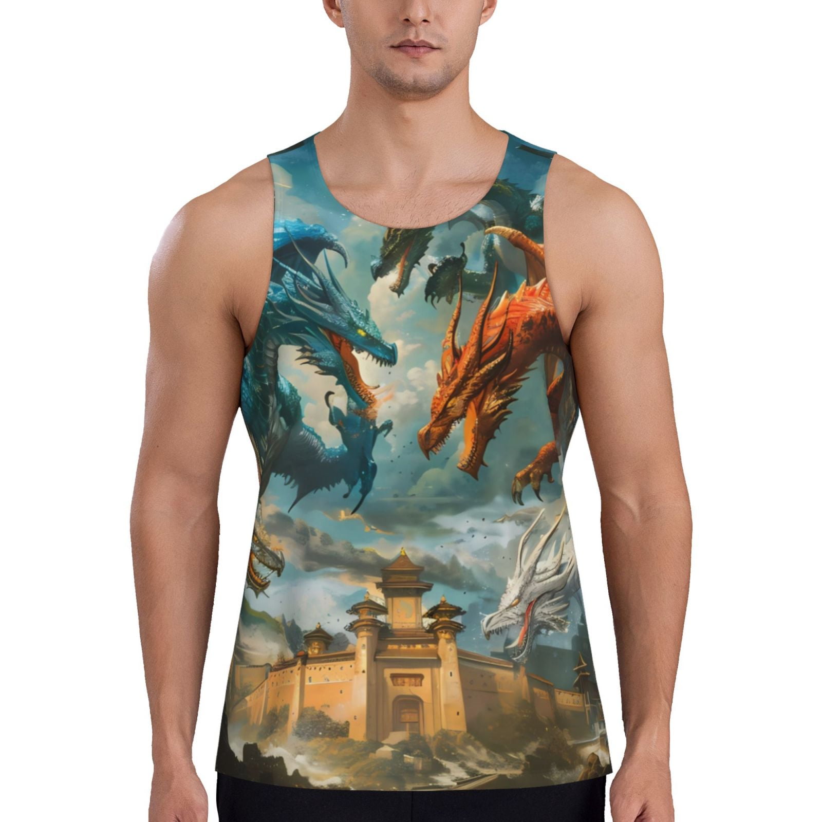 Balery Red Blue Dragon Battle Epic Pattern Men's Workout Tank Top Gym ...