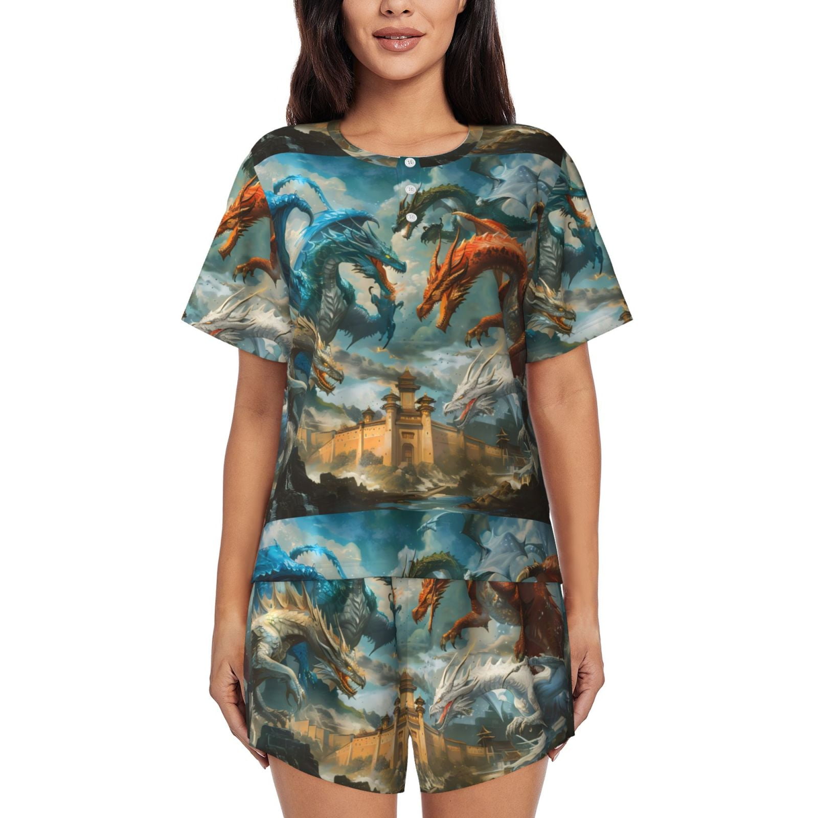 Balery Red Blue Dragon Battle Epic Pattern Womens Pajama Sets 2 Piece ...