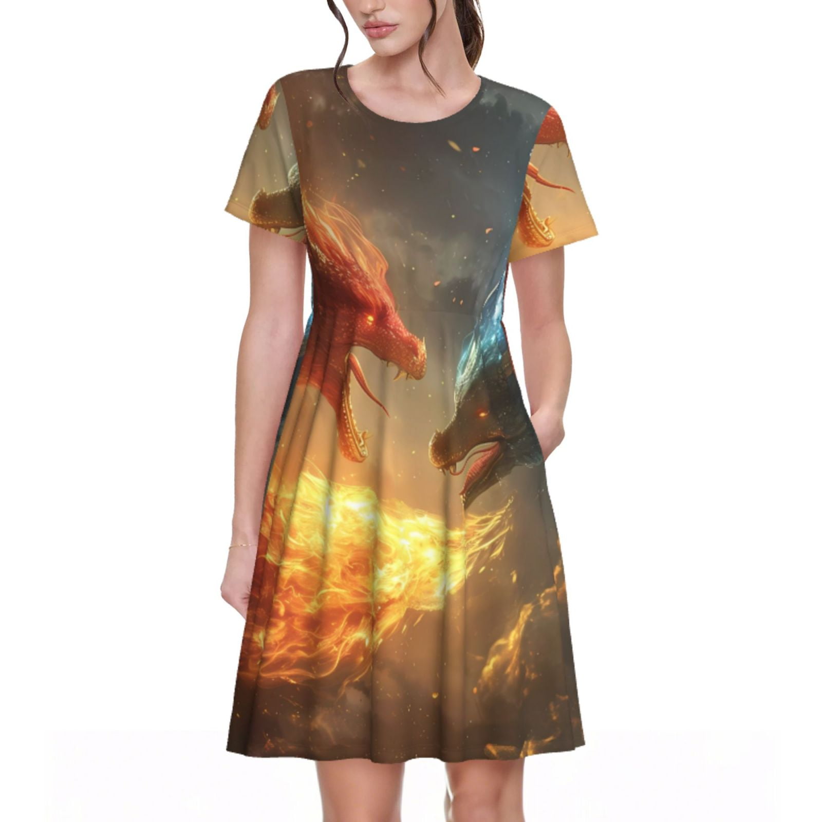 Balery Red And Blue Fire Dragon B Pattern Womens Dresses Loose Short ...