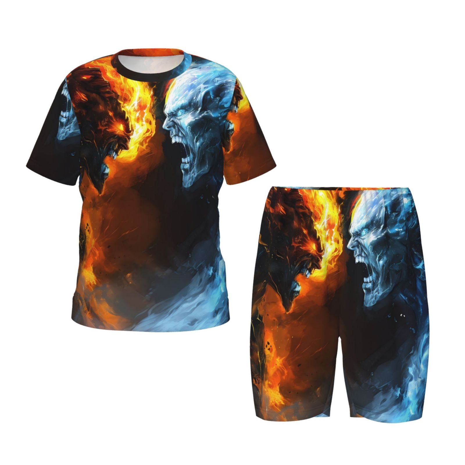 Balery Red And Blue Fire Skull Warrior Pattern Kids’ Short-Sleeved ...