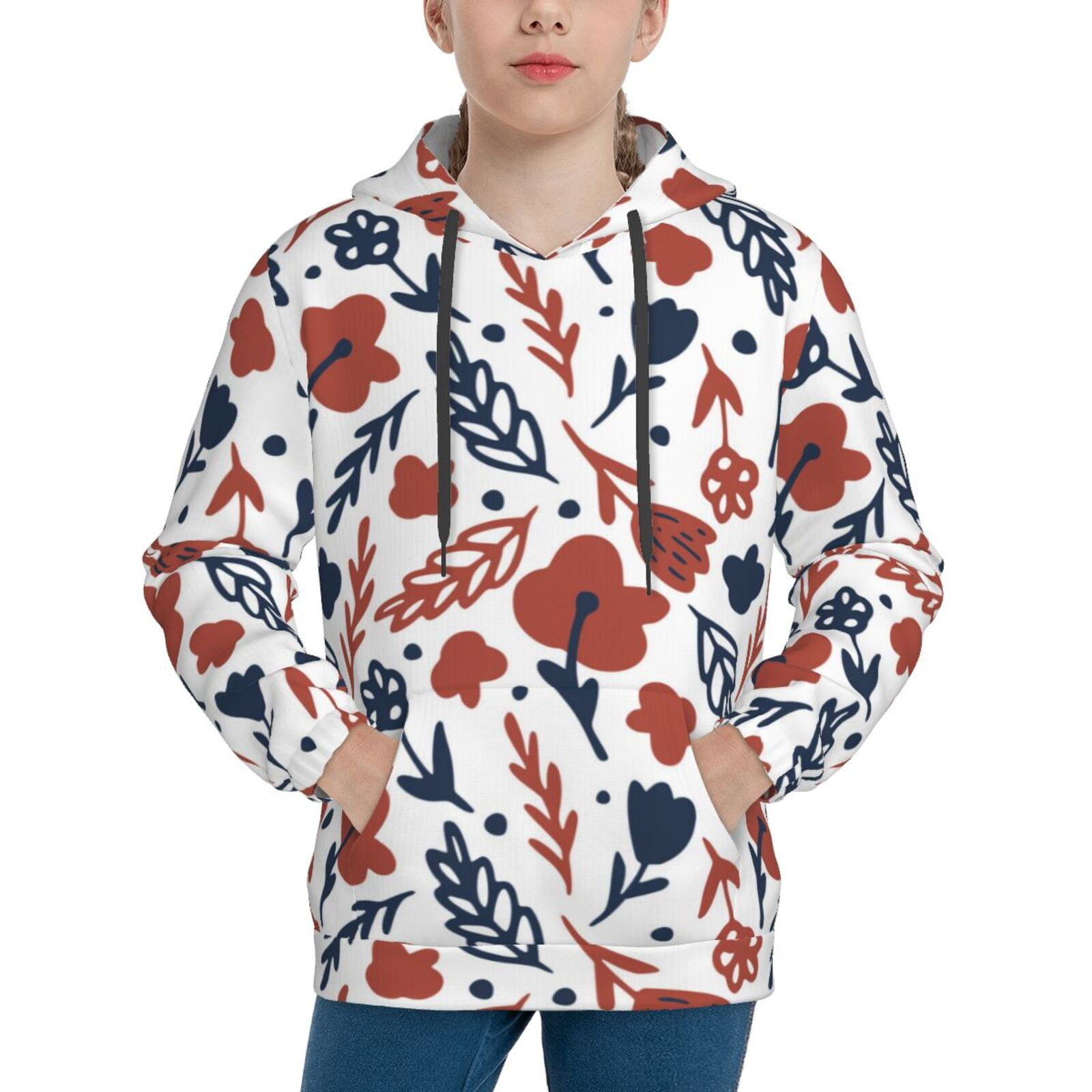 Balery Red Blue Leaves Pattern Boys Hoodie, Youth Pullover Hooded ...