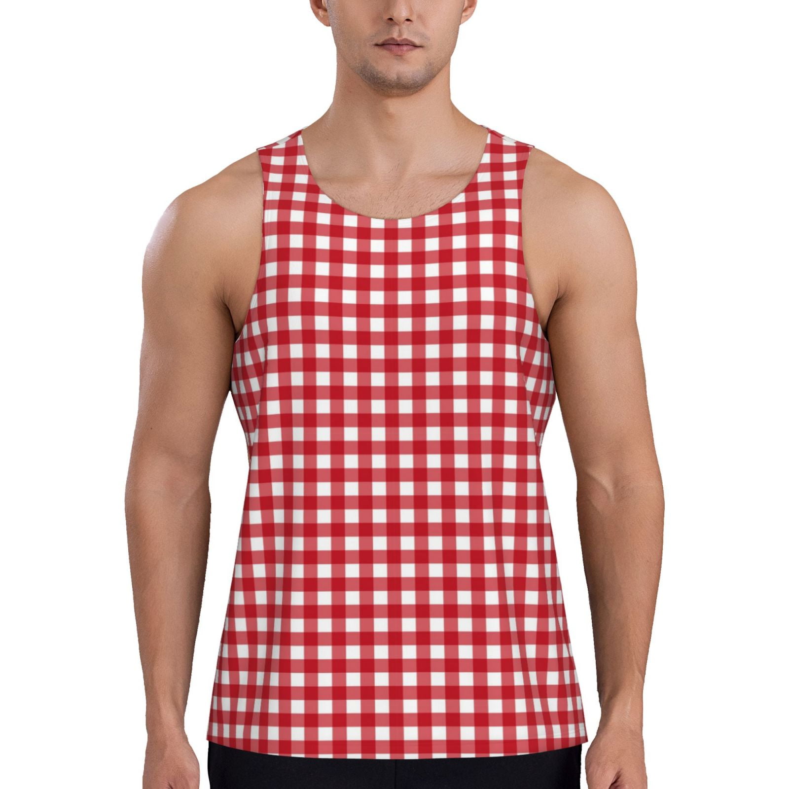 Balery Red Checkboard Pattern Men's Workout Tank Top Gym Muscle Tee ...