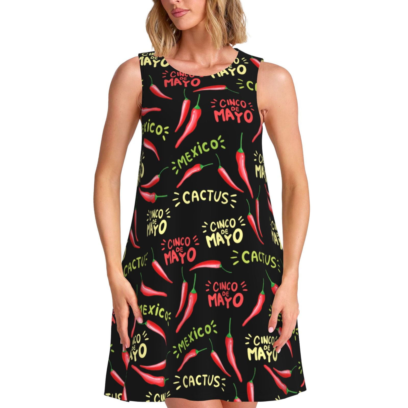 Balery Red Chili Pattern Women’s Summer Dresses – Loose Sleeveless ...