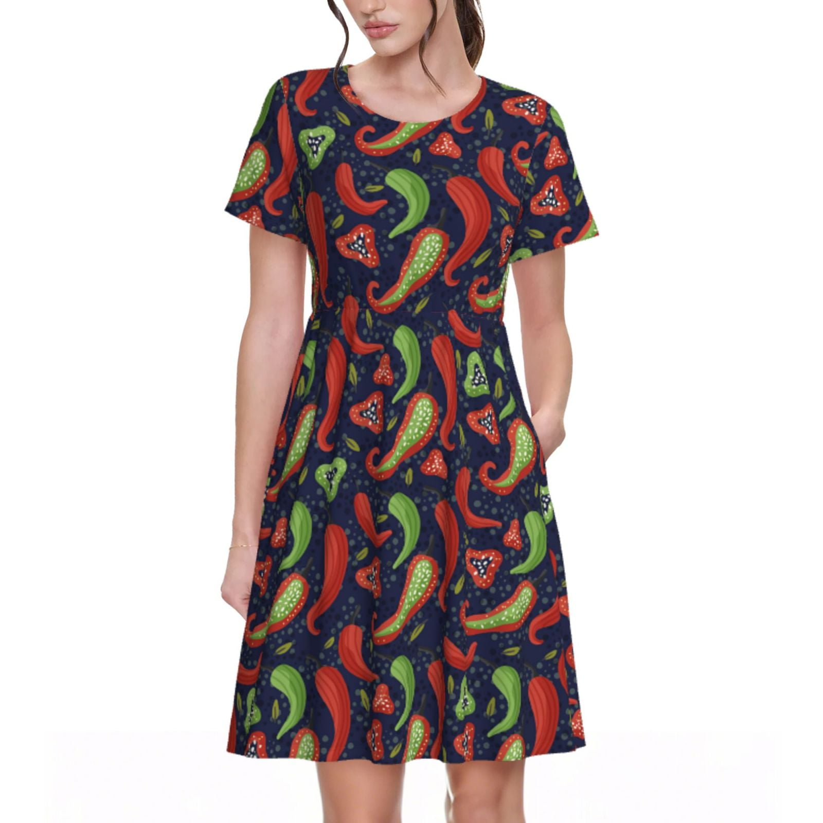 Balery Red Chili Pattern Womens Dresses Loose Short sleeve Sundresses ...