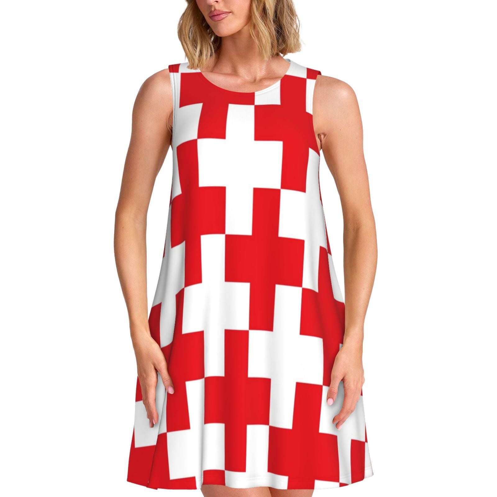 Balery Red Cross 1 Pattern Women’s Summer Dresses – Loose Sleeveless ...