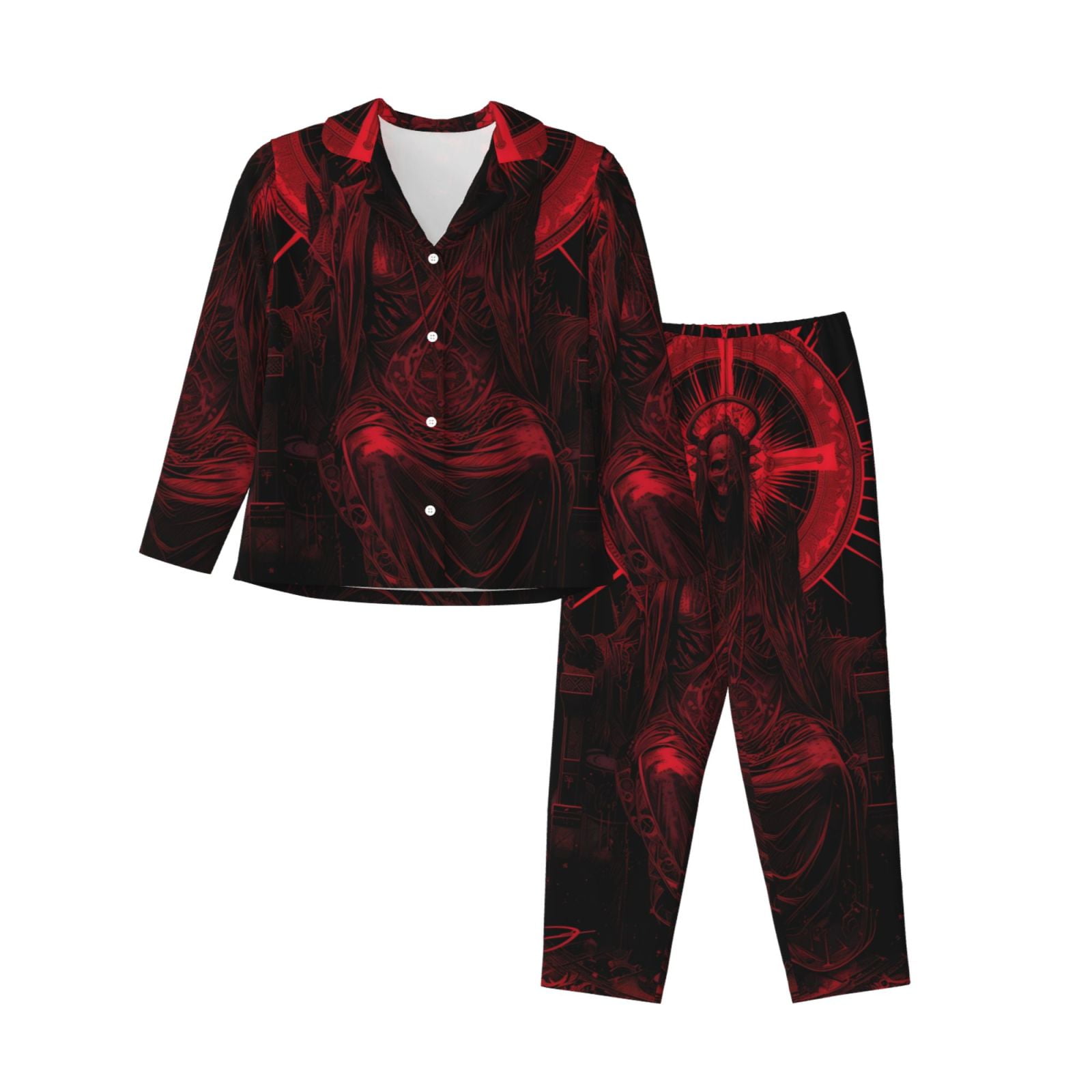 Balery Red Gothic Skeleton Throne Pattern Pajama Sets for Women Long ...