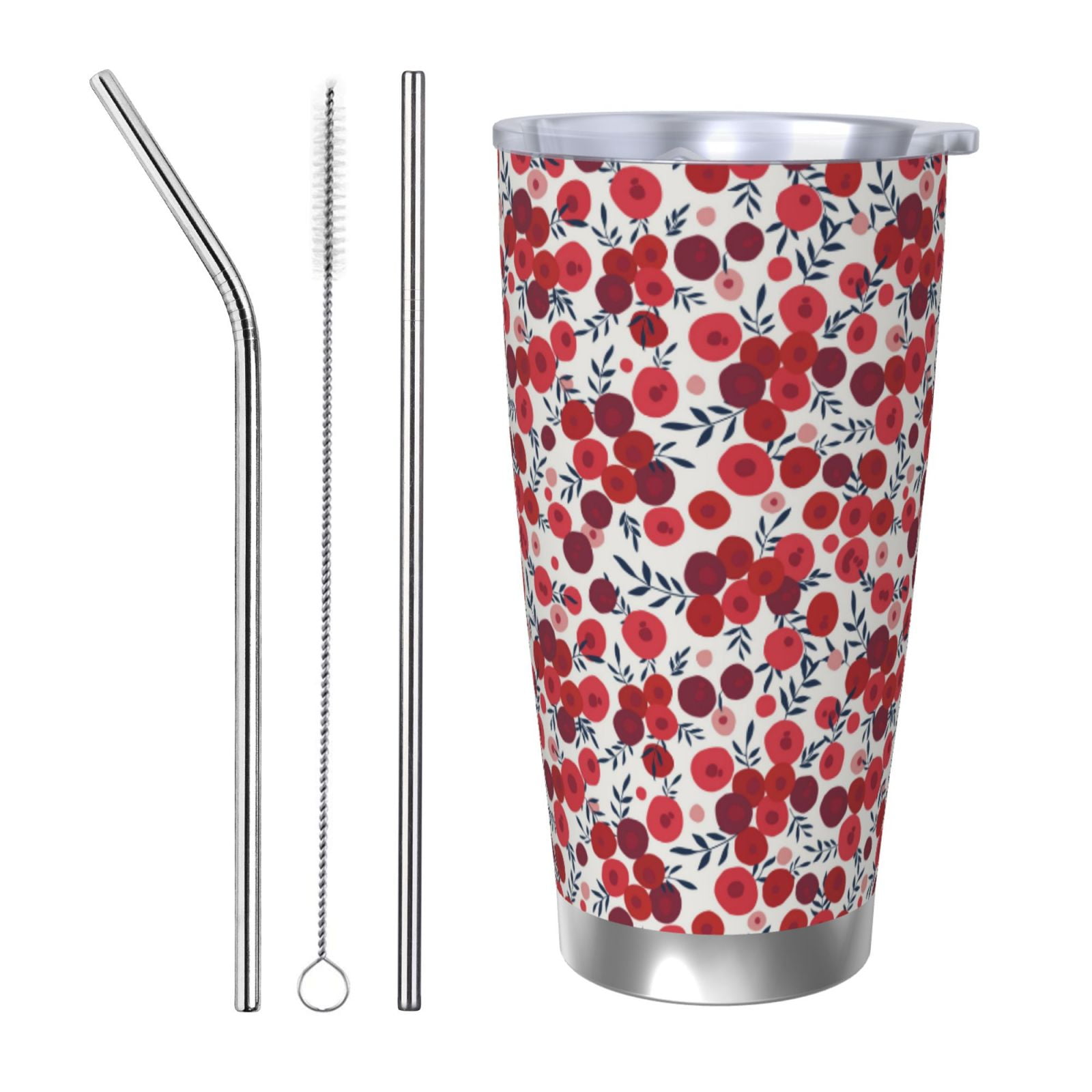 Balery Red Hawthorn Pattern 20oz Insulated Car Cup with Dual Drink Lids ...