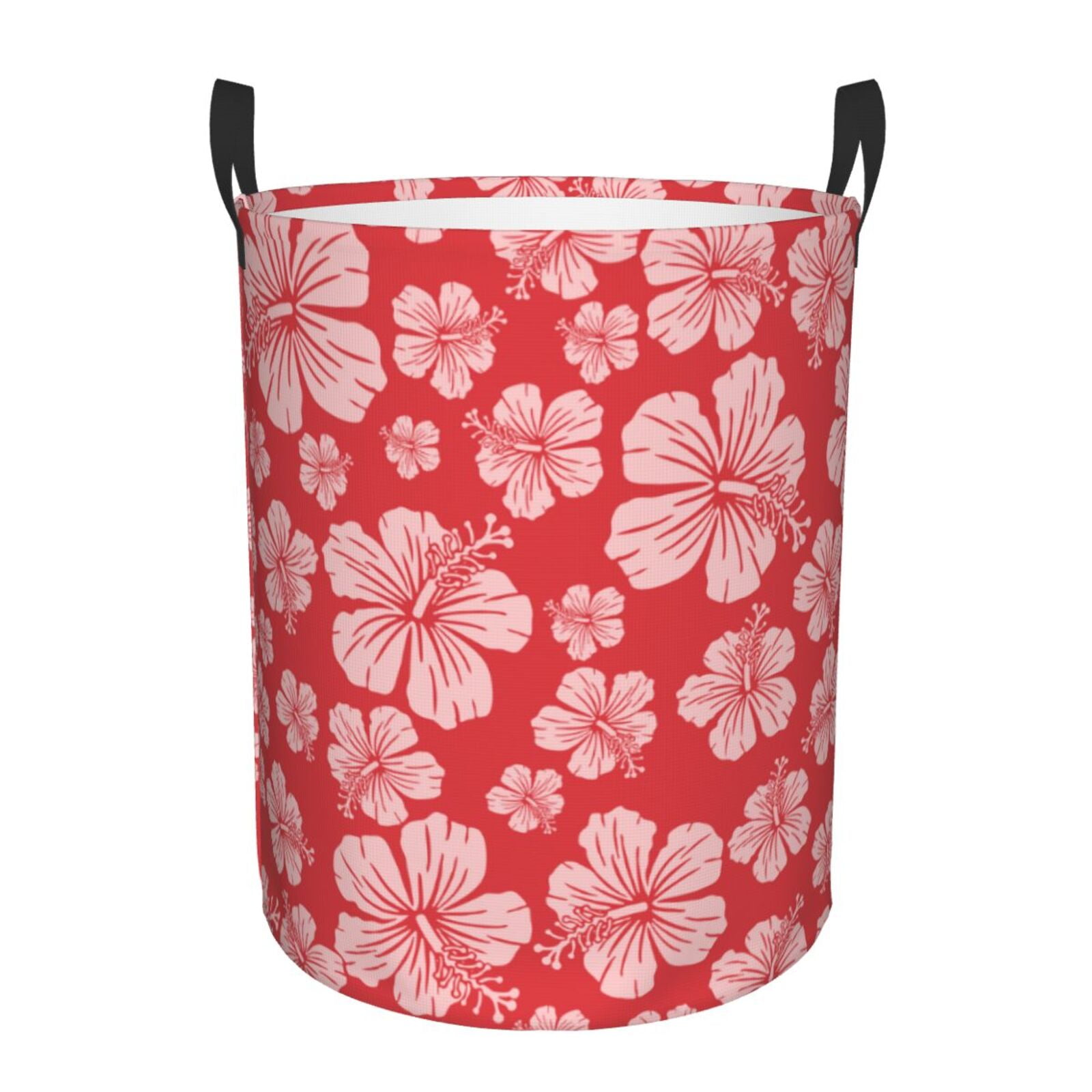 Balery Red Hibiscus Flower Round Laundry Basket with Handles Waterproof ...