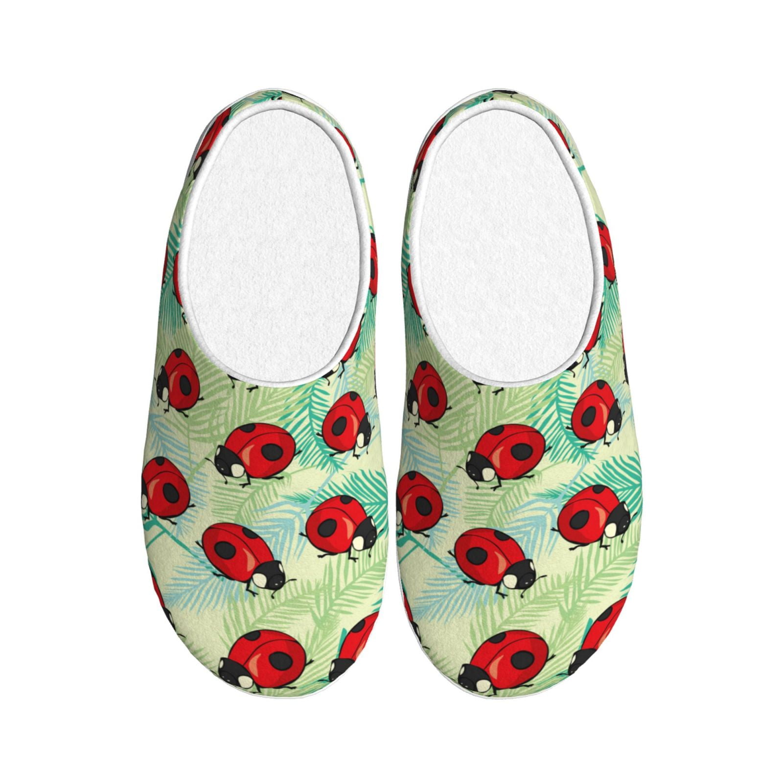 Balery Red Ladybugs And Leaf Pattern Women's Fuzzy Memory Foam Slippers ...