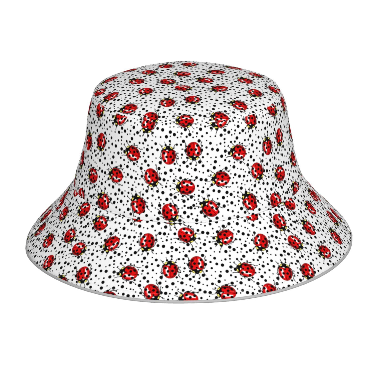 Balery Red Ladybugs On Black Dotted Sun Hats for Men Women Bucket Hat ...
