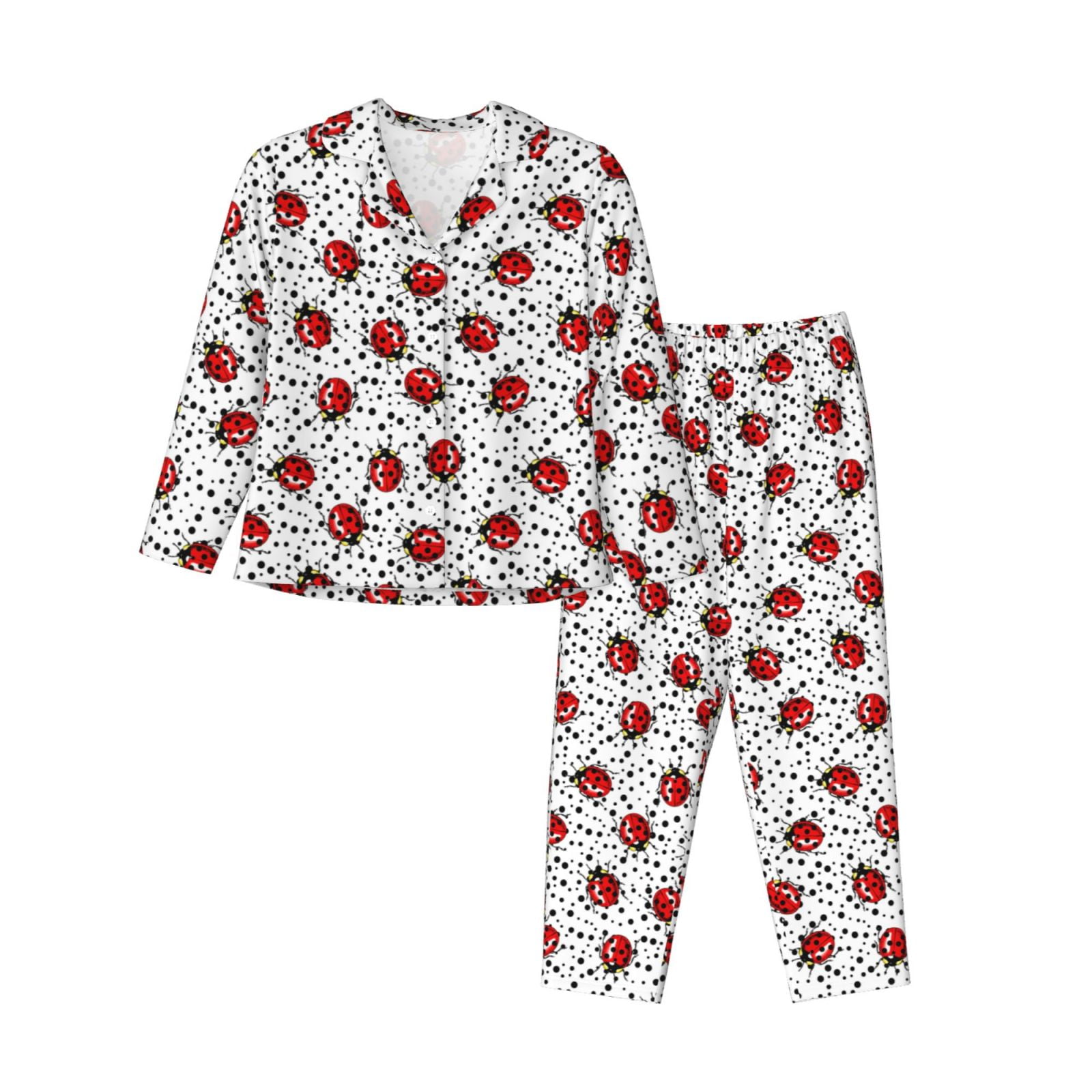 Balery Red Ladybugs On Black Dotted Pattern Pajama Sets for Women Long ...