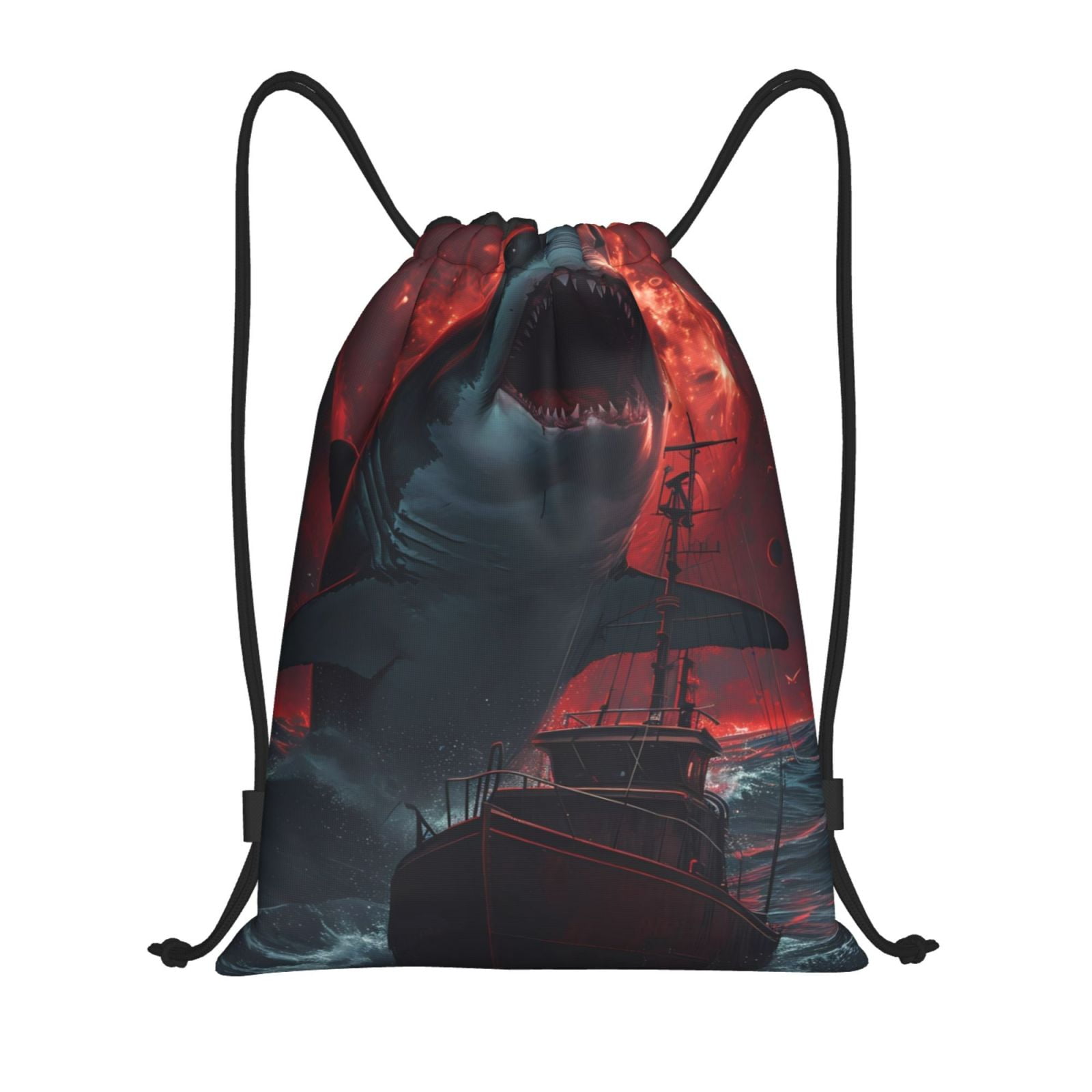 Balery Red Moon Shark Sailboat Pattern Drawstring Backpack Bag Sport ...