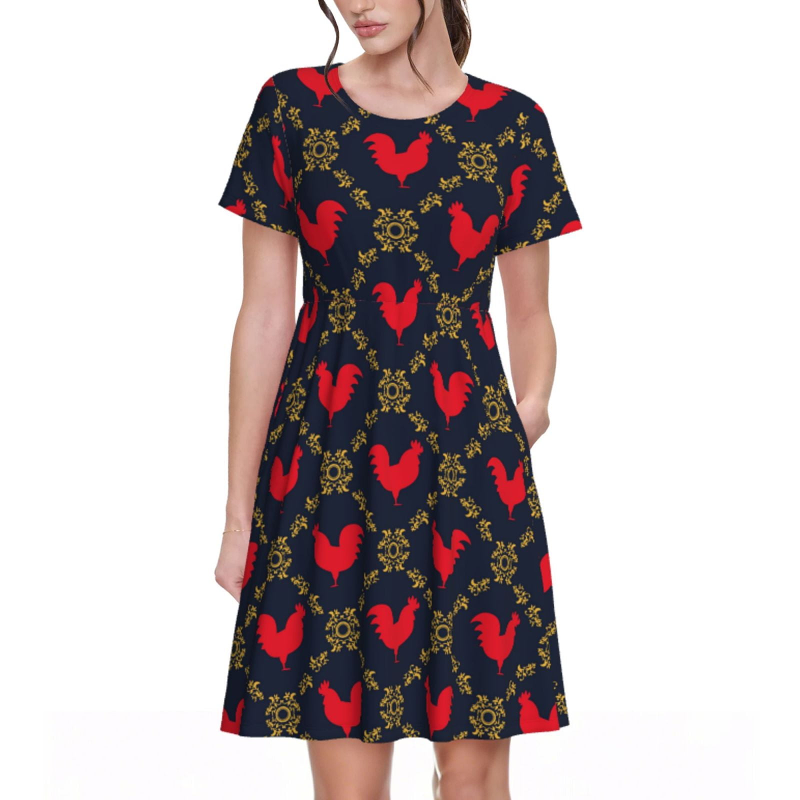 Balery Red Rooster Pattern Womens Dresses Loose Short sleeve Sundresses ...