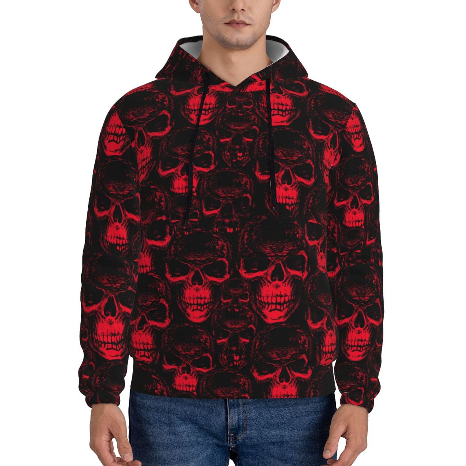 Balery Red Skulls 2 Pattern Mens Hoodie Kangaroo Pocket Hoodie Pullover ...