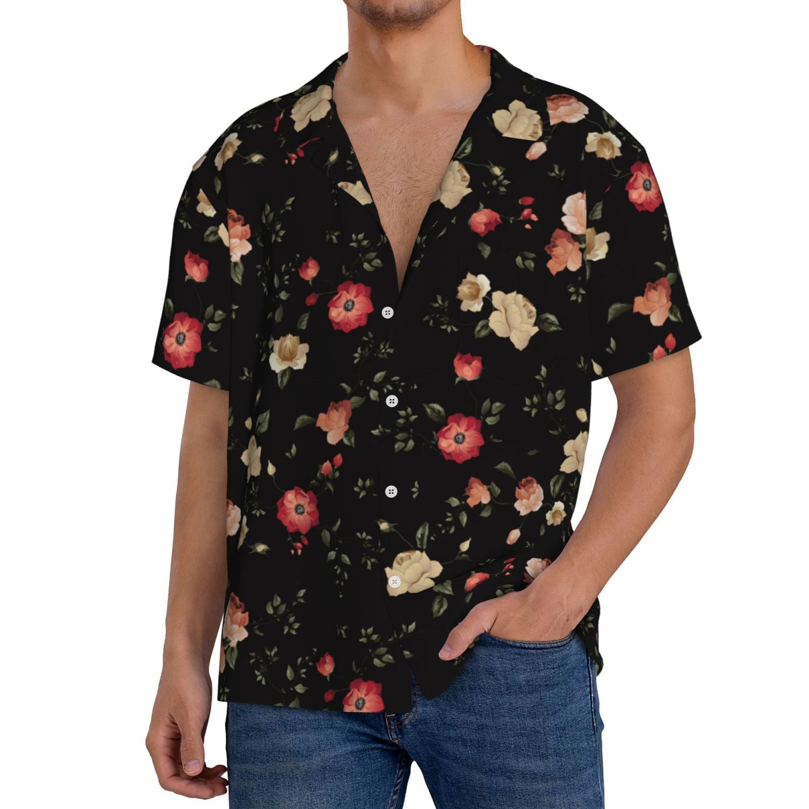 Balery Red White Flowers Men's Casual Button Down Shirt Short Sleeve ...