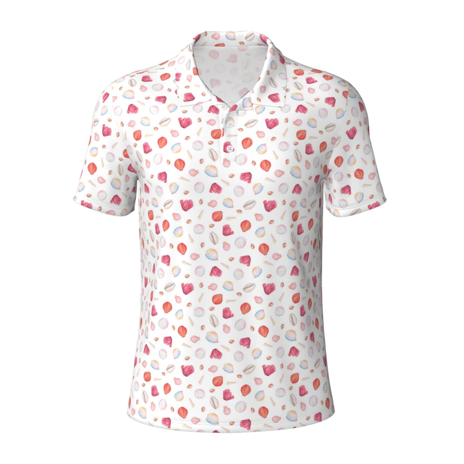 Balery Red coral and scallop seashell Printed Men’s Short Sleeve Polo ...
