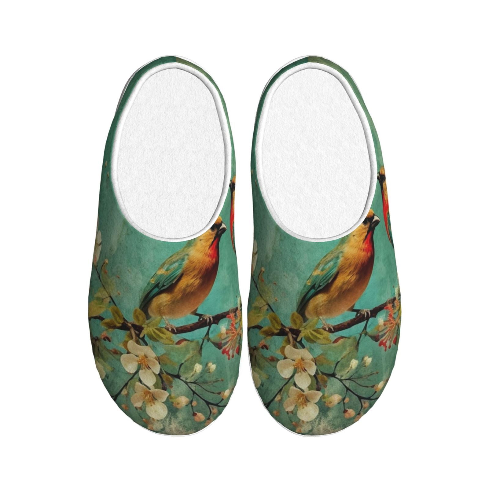 Balery Retro Birds Pattern Women's Fuzzy Memory Foam Slippers Fluffy ...