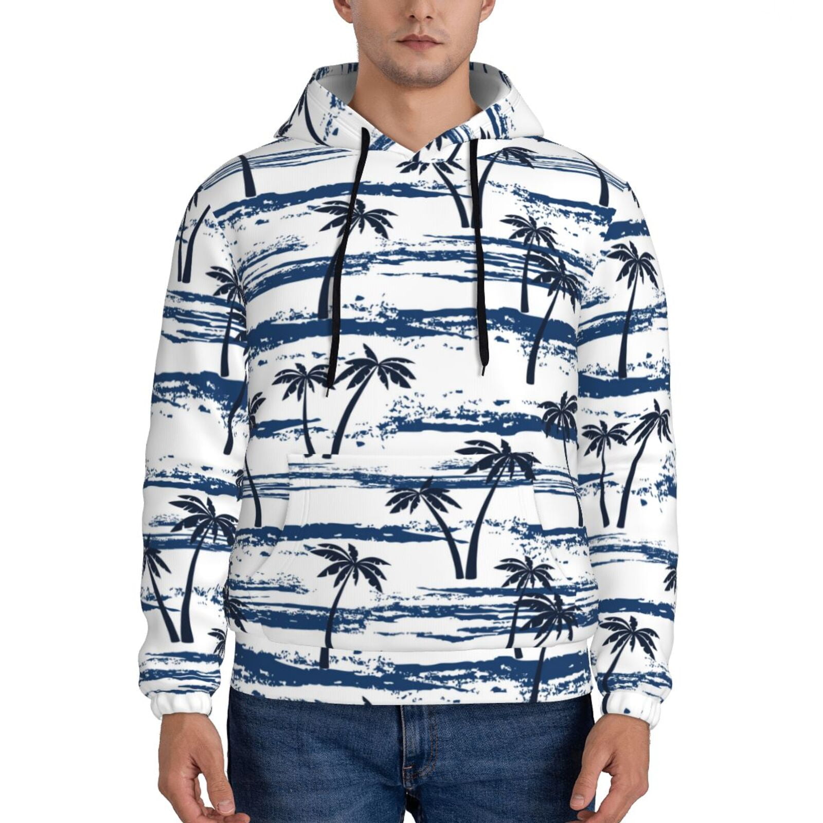Balery Retro Coconut Tree Pattern Mens Hoodie Kangaroo Pocket Hoodie ...