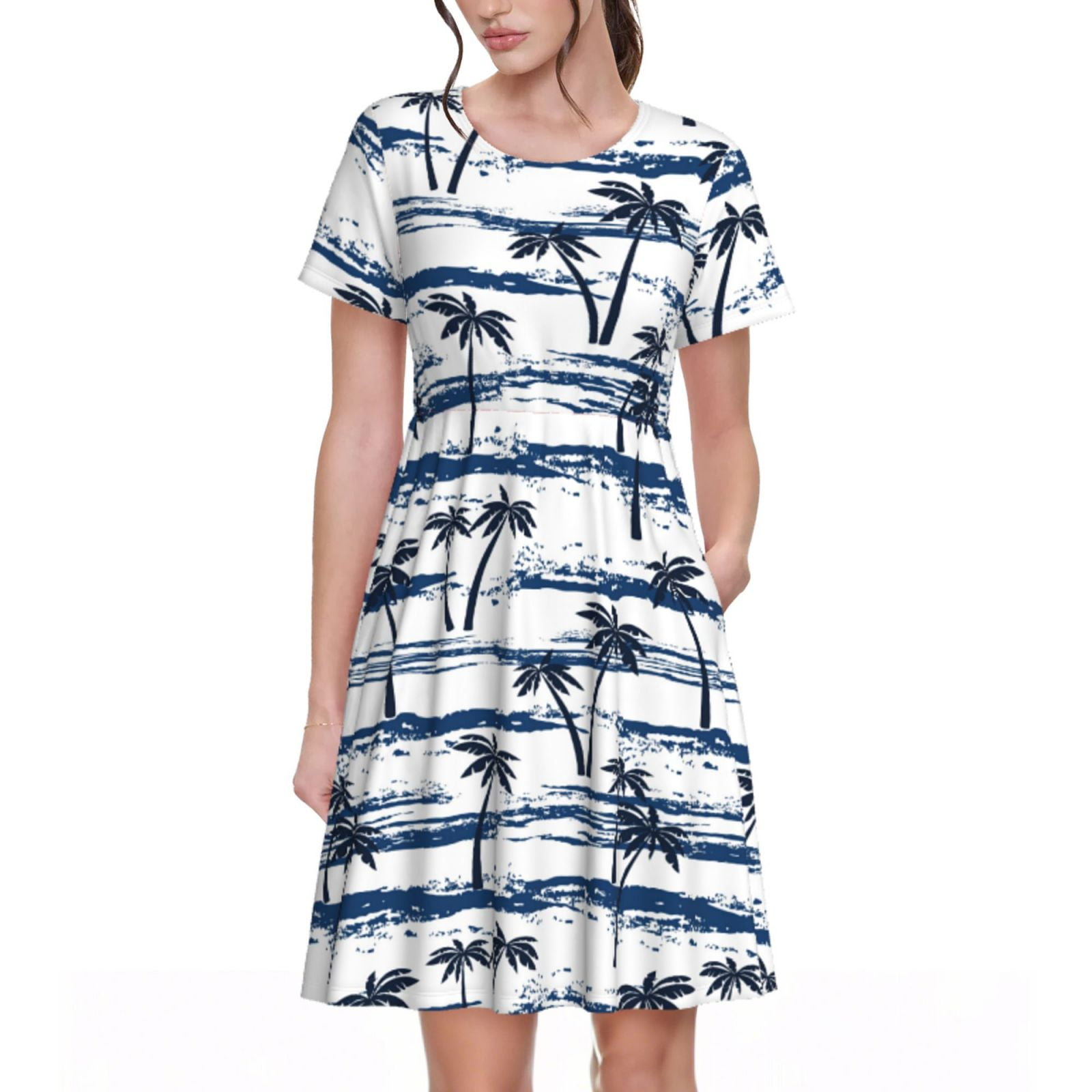 Balery Retro Coconut Tree Pattern Womens Dresses Loose Short sleeve ...