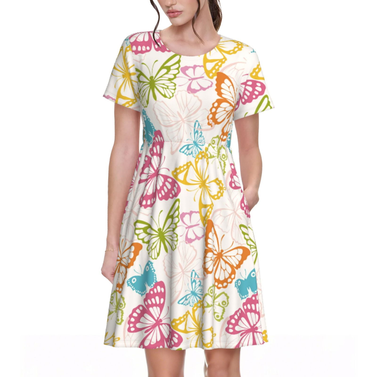 Balery Retro Colorful Butterfly Pattern Womens Dresses Loose Short ...