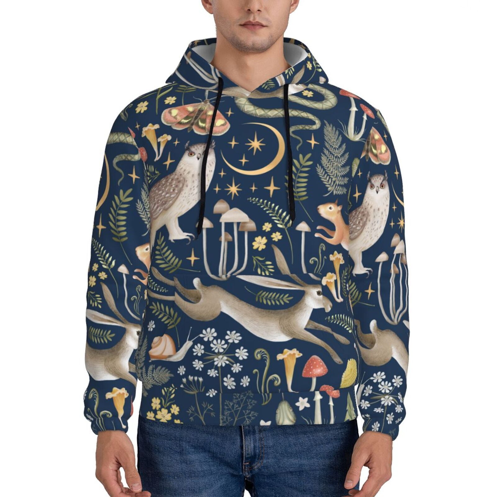 Balery Retro Forest Animals Pattern Mens Hoodie Kangaroo Pocket Hoodie ...