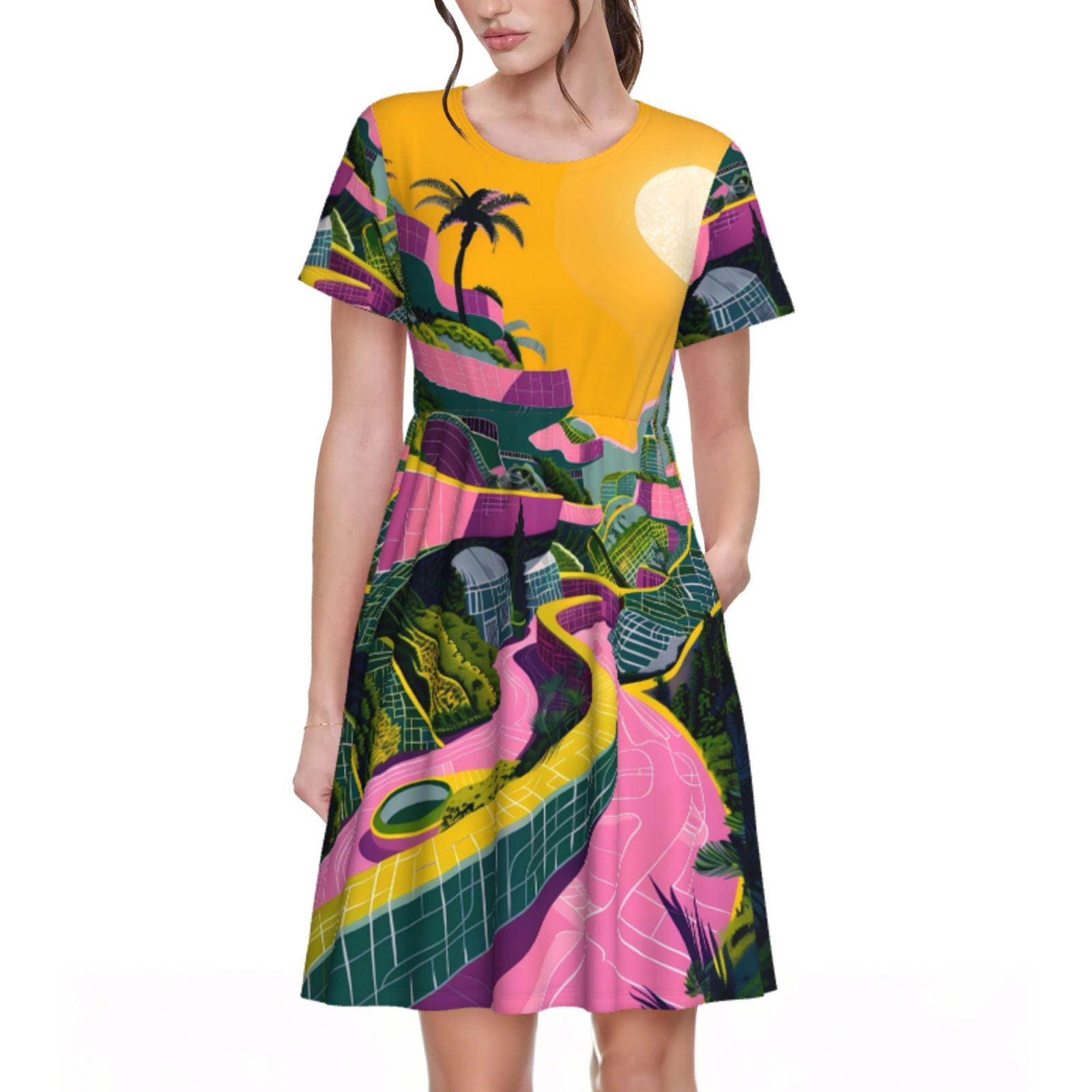 Balery Retro Futuristic Landscape Pattern Womens Dresses Loose Short ...