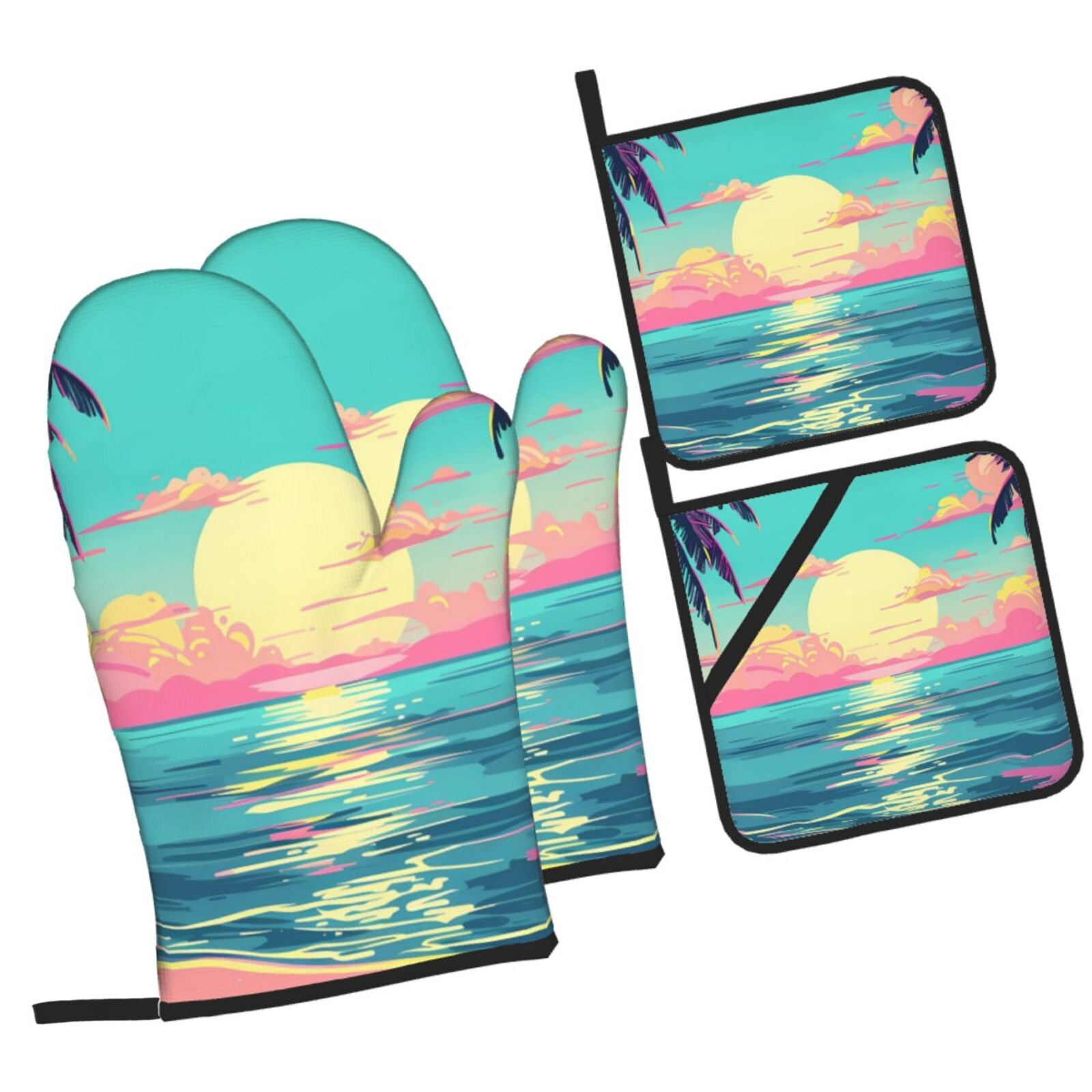 Balery Retro Palm Beach Sunset Pattern Oven Mitts and Pot Holders 4 pcs ...