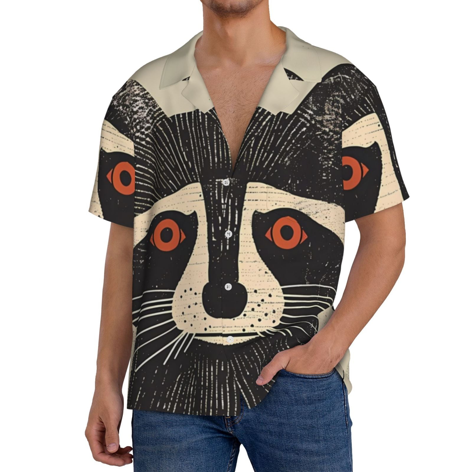 Balery Retro Raccoon Graphic Print Men's Casual Button Down Shirt Short ...