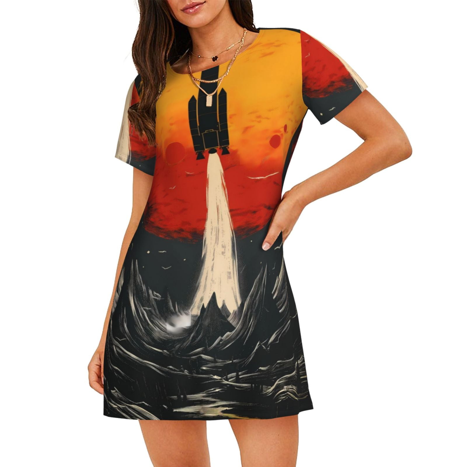 Balery Retro Space Rocket Launch Pattern Womens Short Sleeve Sleepshirt Scoopneck Cute ...
