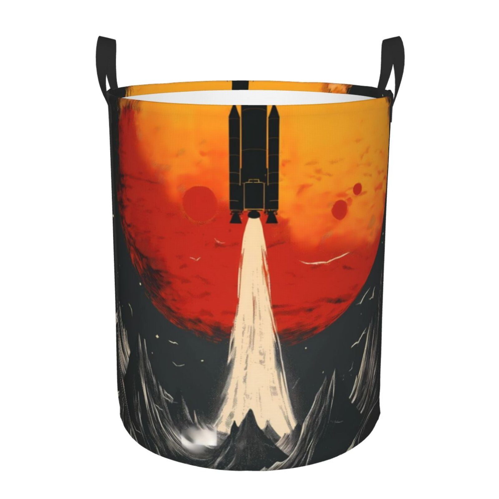 Balery Retro Space Rocket Launch Round Laundry Basket with Handles ...