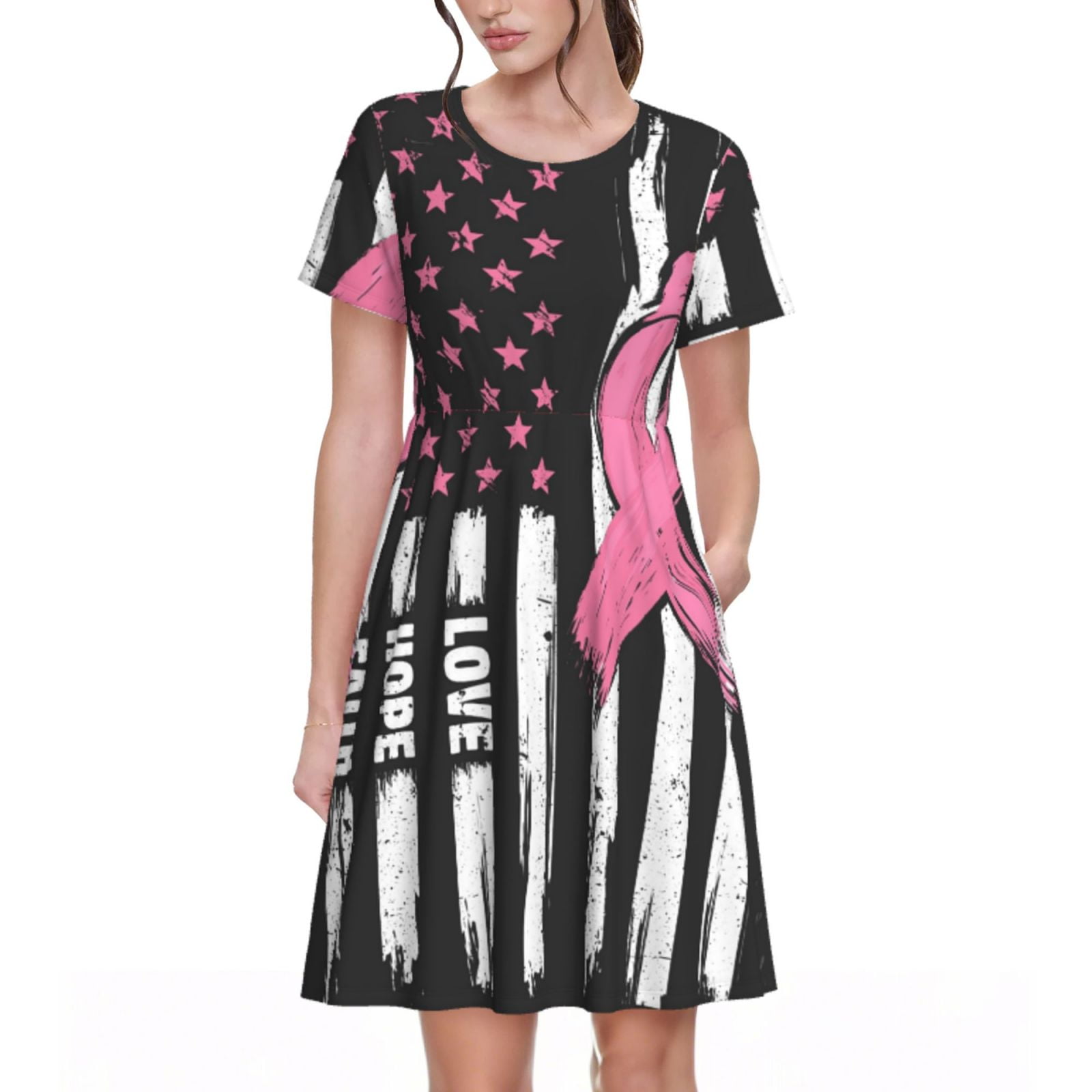 Balery Ribbon Breast Cancer Awareness Pattern Womens Dresses Loose ...