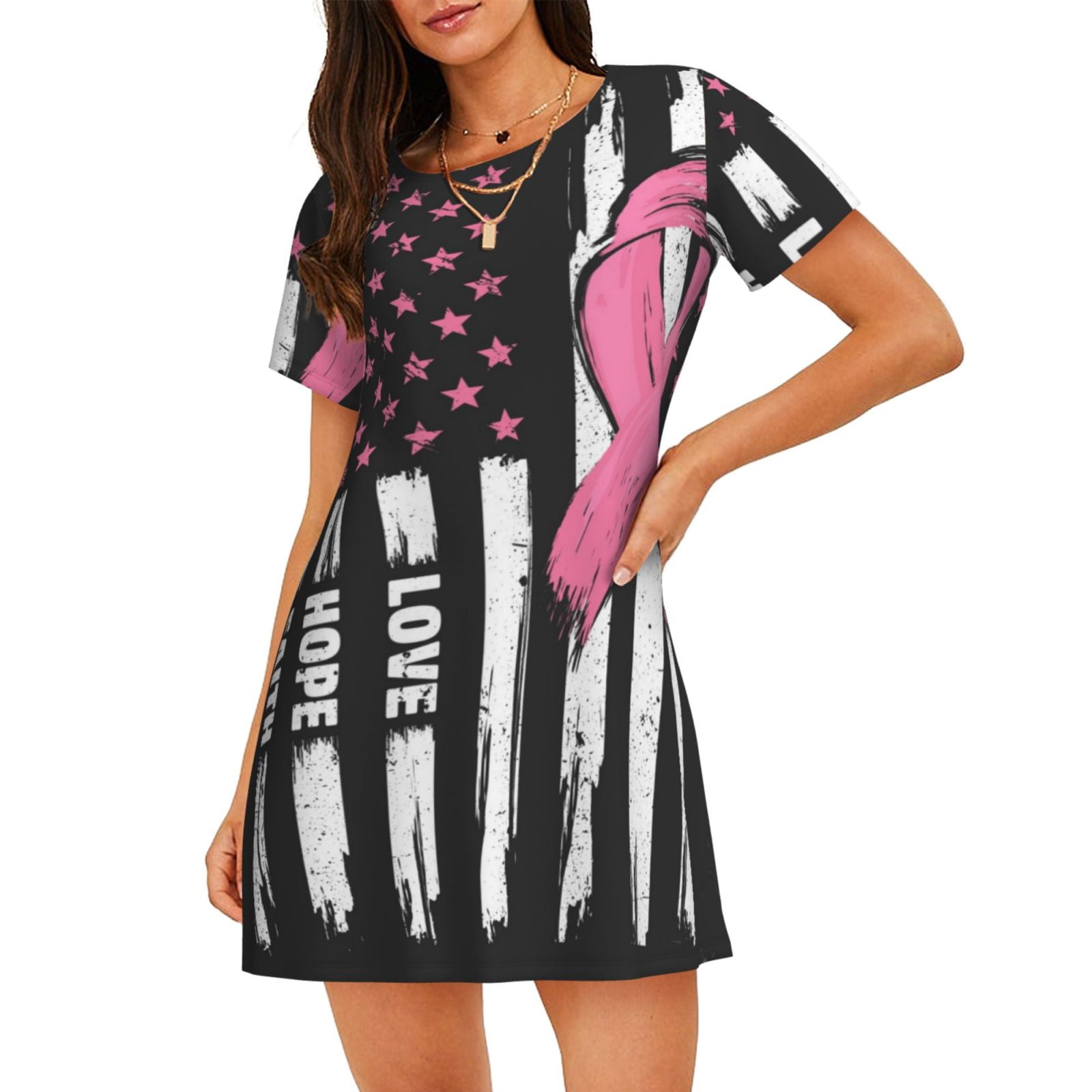 Balery Ribbon Breast Cancer Awareness Pattern Womens Short Sleeve ...