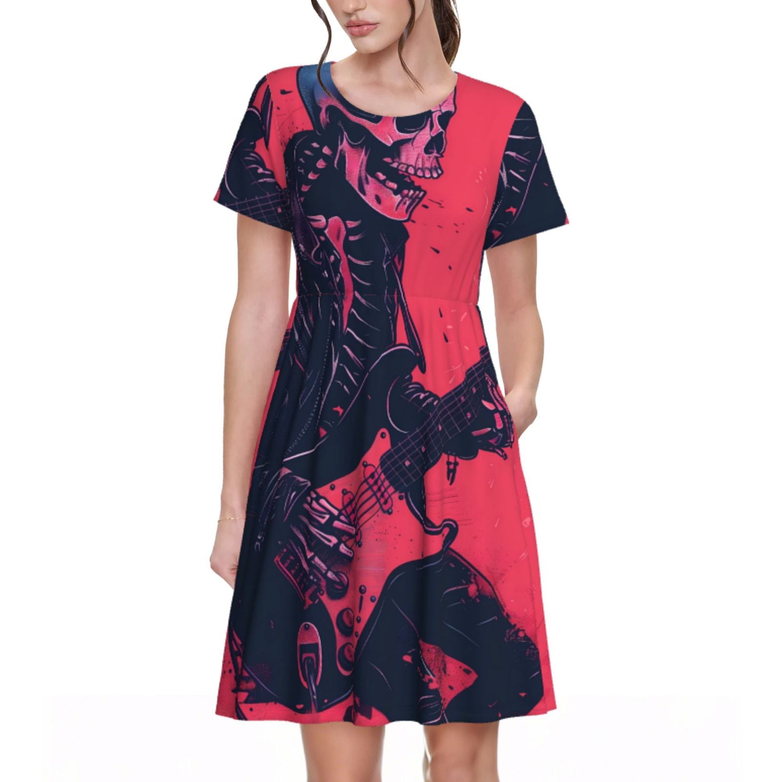 Balery Rock Skull Guitarist Pattern Womens Dresses Loose Short sleeve ...