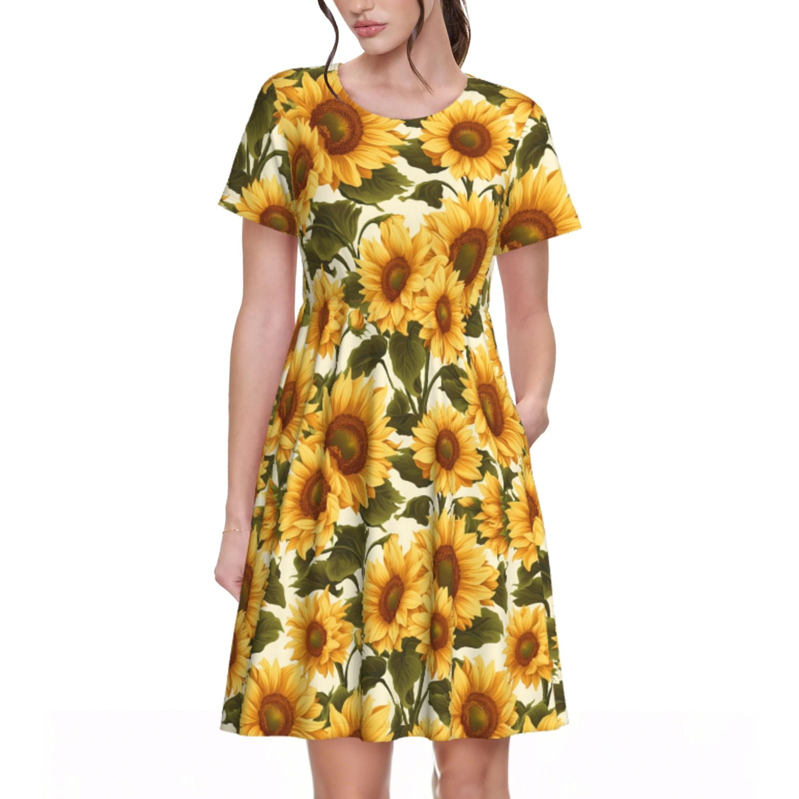 Balery Romantic Elegant Sunflower Pattern Womens Dresses Loose Short ...