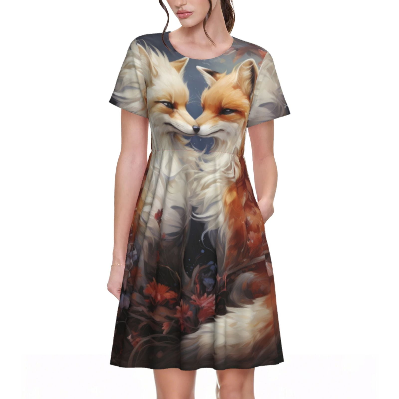 Balery Romantic Flower Fox Couple Pattern Womens Dresses Loose Short ...