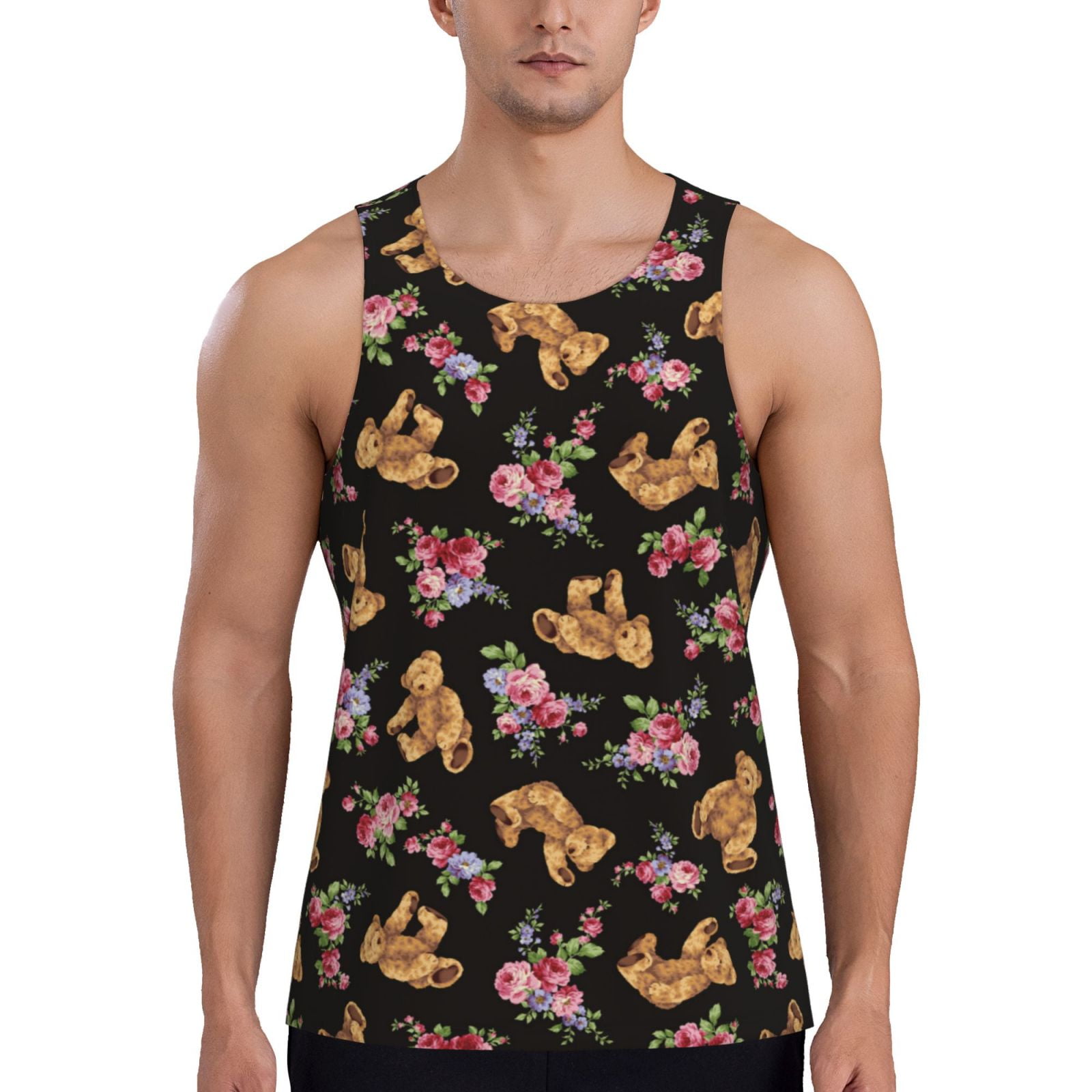 Balery Rose Flower Bear Pattern Men's Workout Tank Top Gym Muscle Tee ...