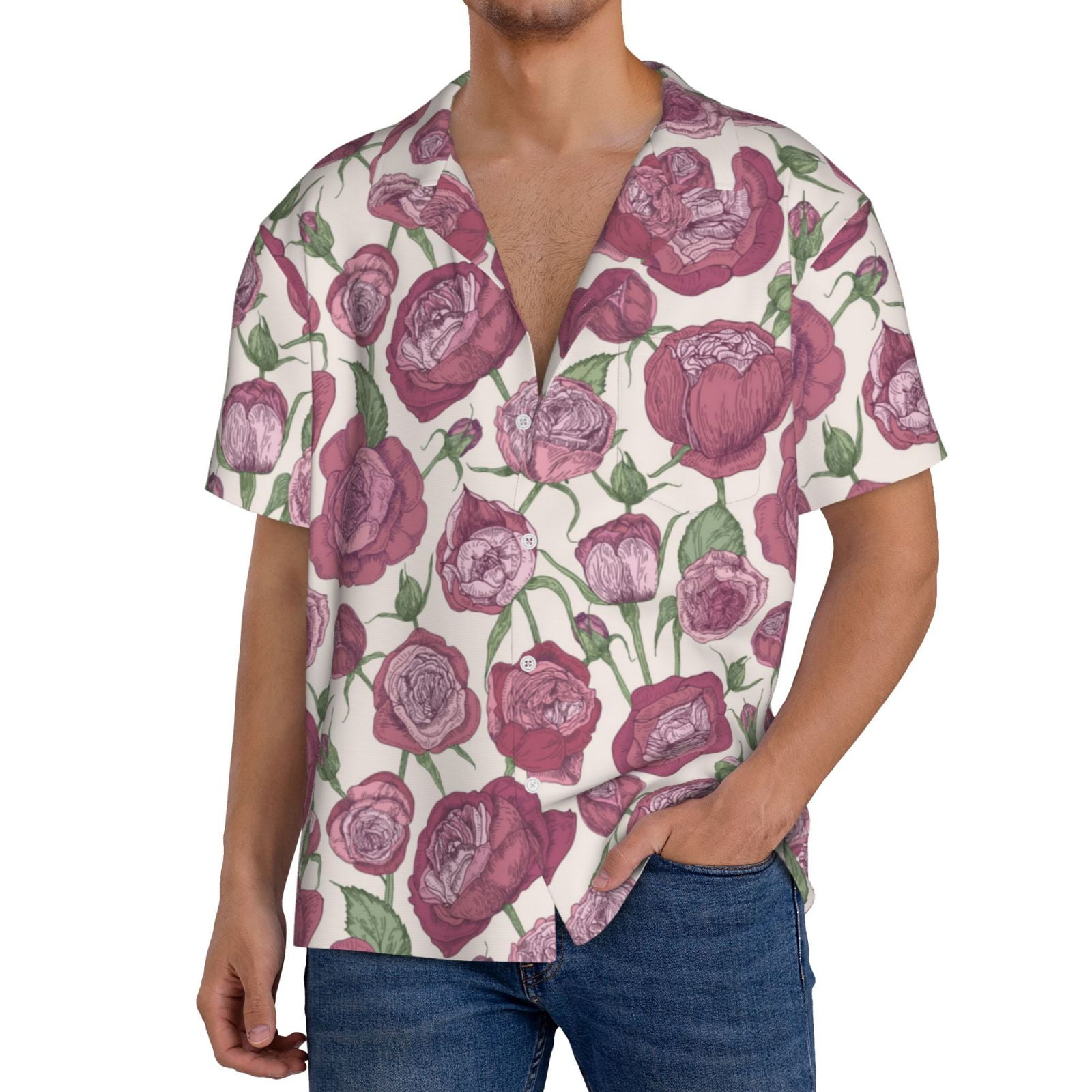 Balery Rose Flowers Men's Casual Button Down Shirt Short Sleeve ...