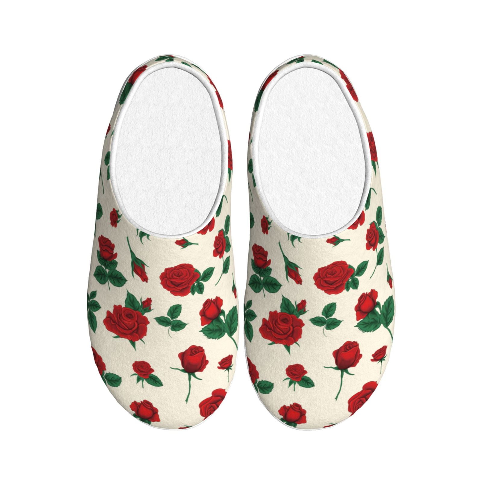 Balery Rose Flowers Pattern Women's Fuzzy Memory Foam Slippers Fluffy ...
